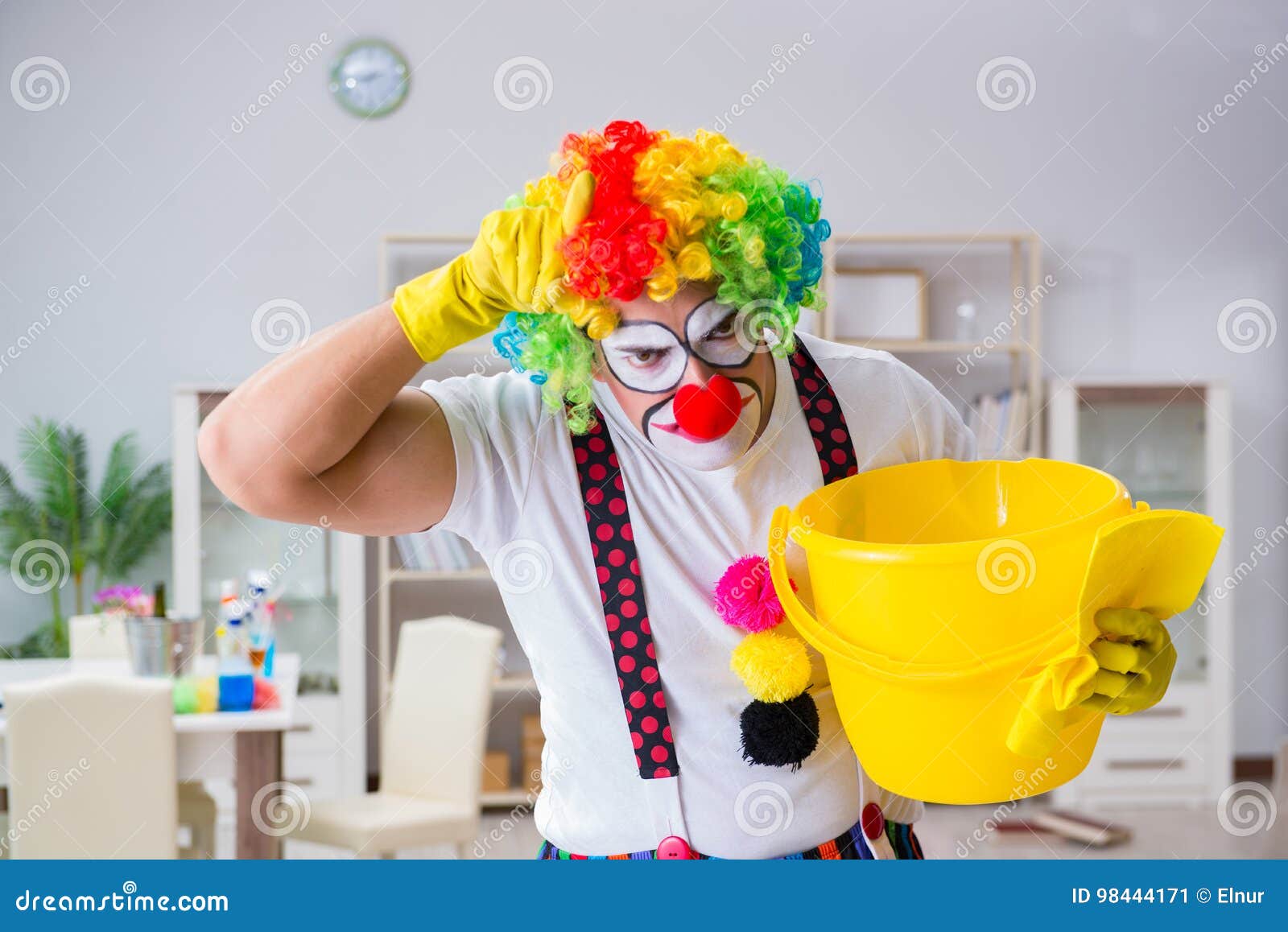 The Funny Clown Doing Cleaning at Home Stock Image - Image of baffled ...