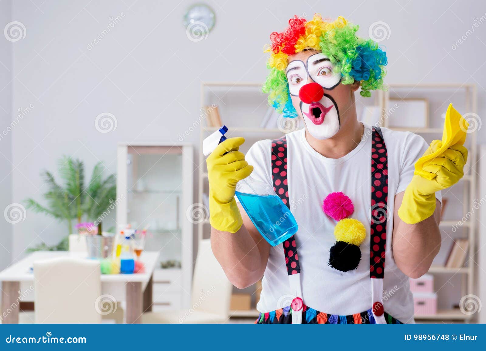 The Funny Clown Doing Cleaning at Home Stock Photo - Image of ...
