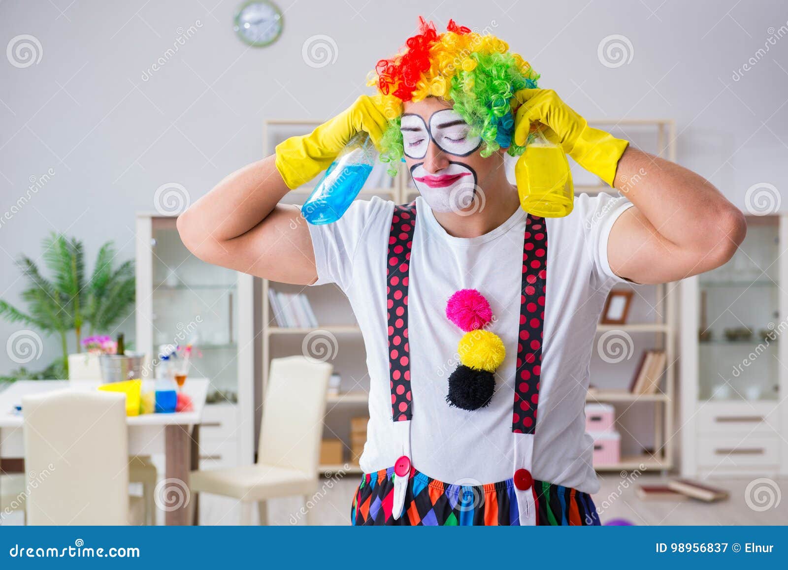 The Funny Clown Doing Cleaning at Home Stock Image - Image of duster ...
