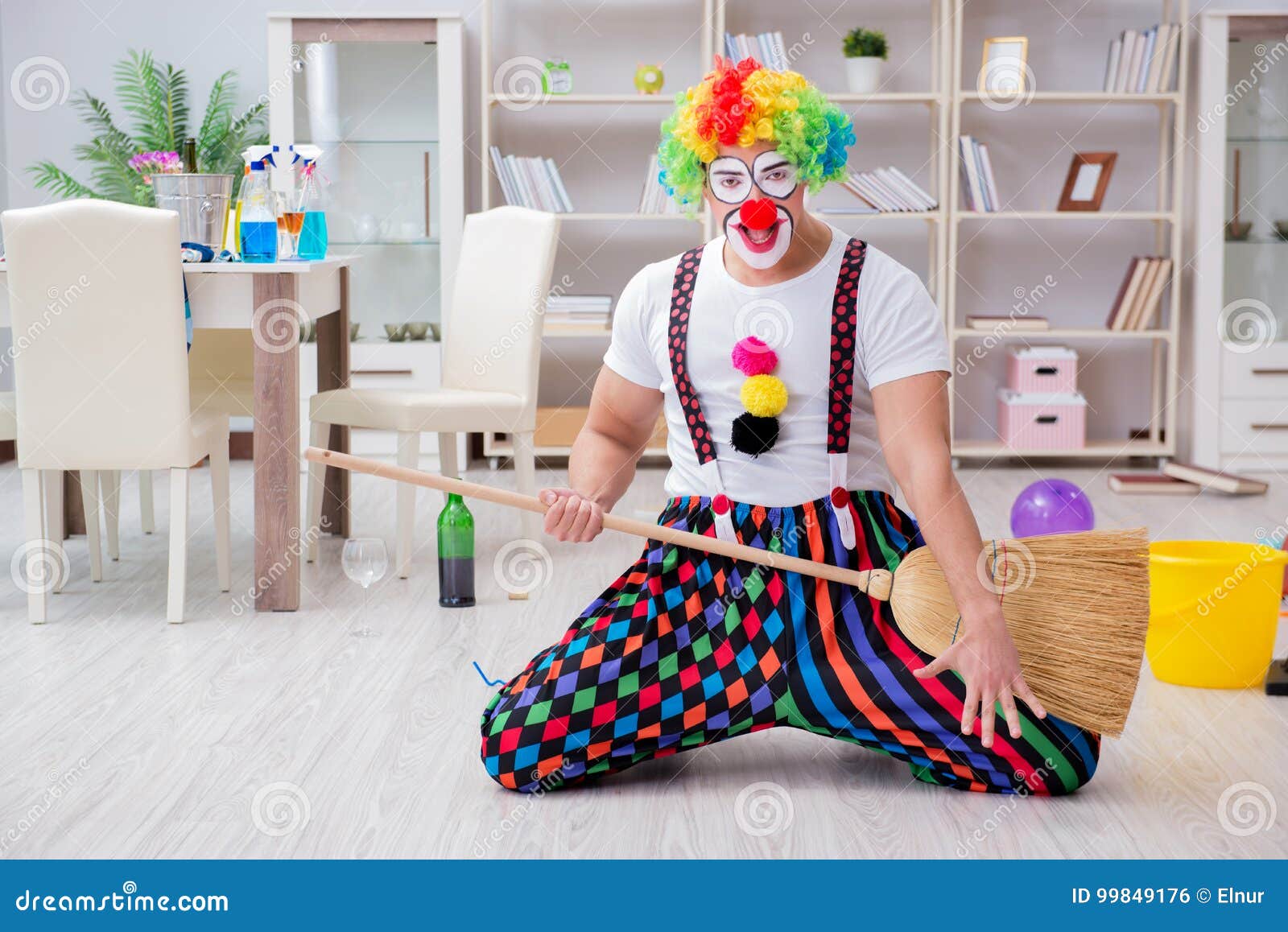 The Funny Clown Doing Cleaning at Home Stock Photo - Image of floor ...