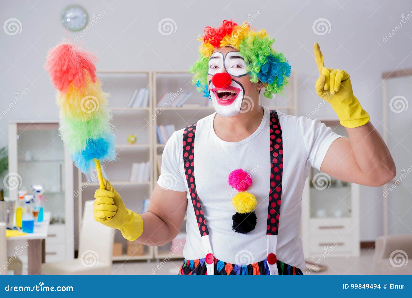 The Funny Clown Doing Cleaning at Home Stock Photo - Image of idea ...