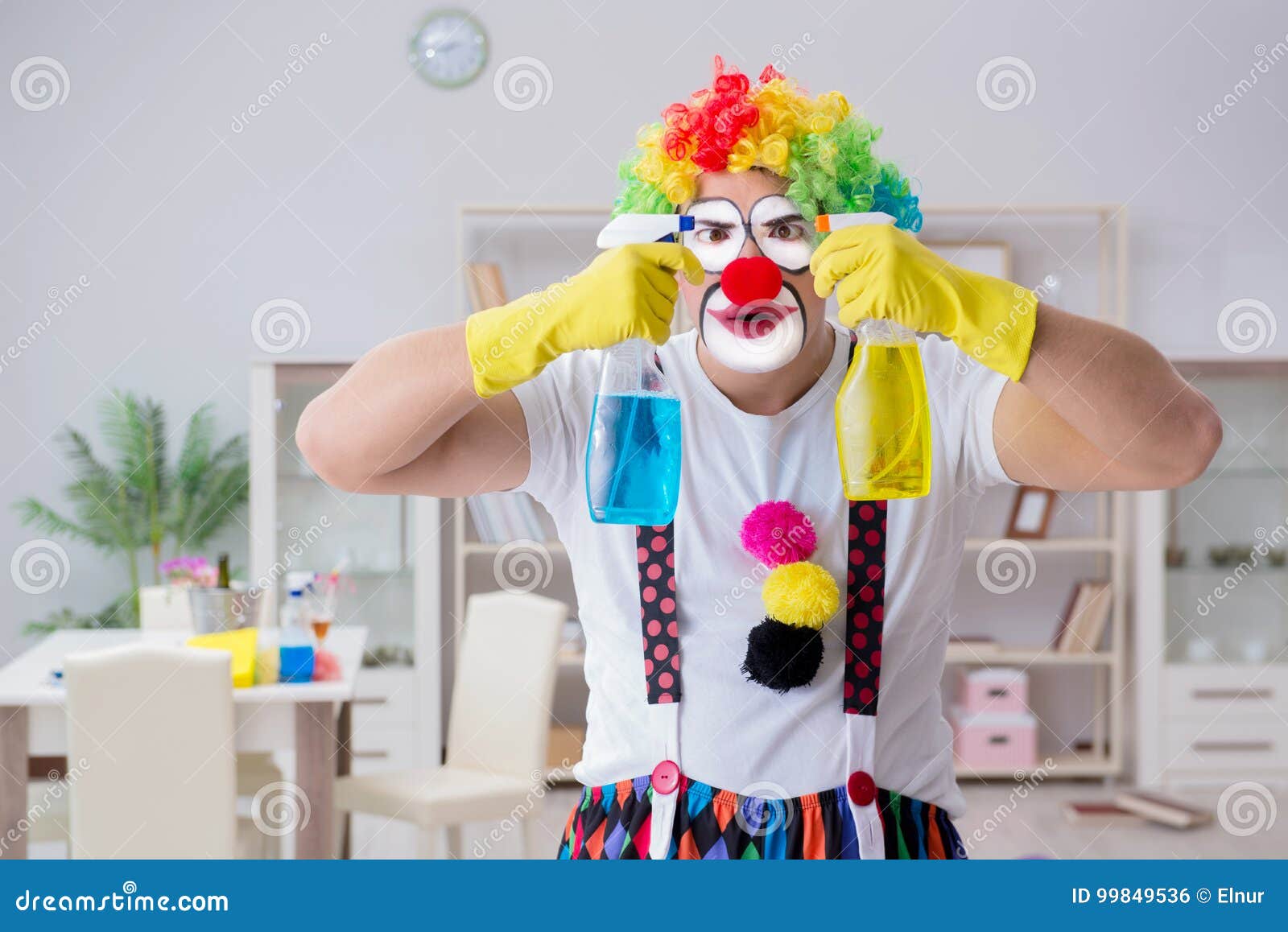 The Funny Clown Doing Cleaning at Home Stock Photo - Image of duster ...