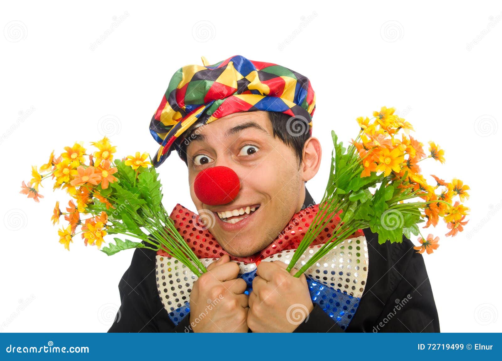 The Funny Clown with Flowers Isolated on White Stock Image - Image of ...