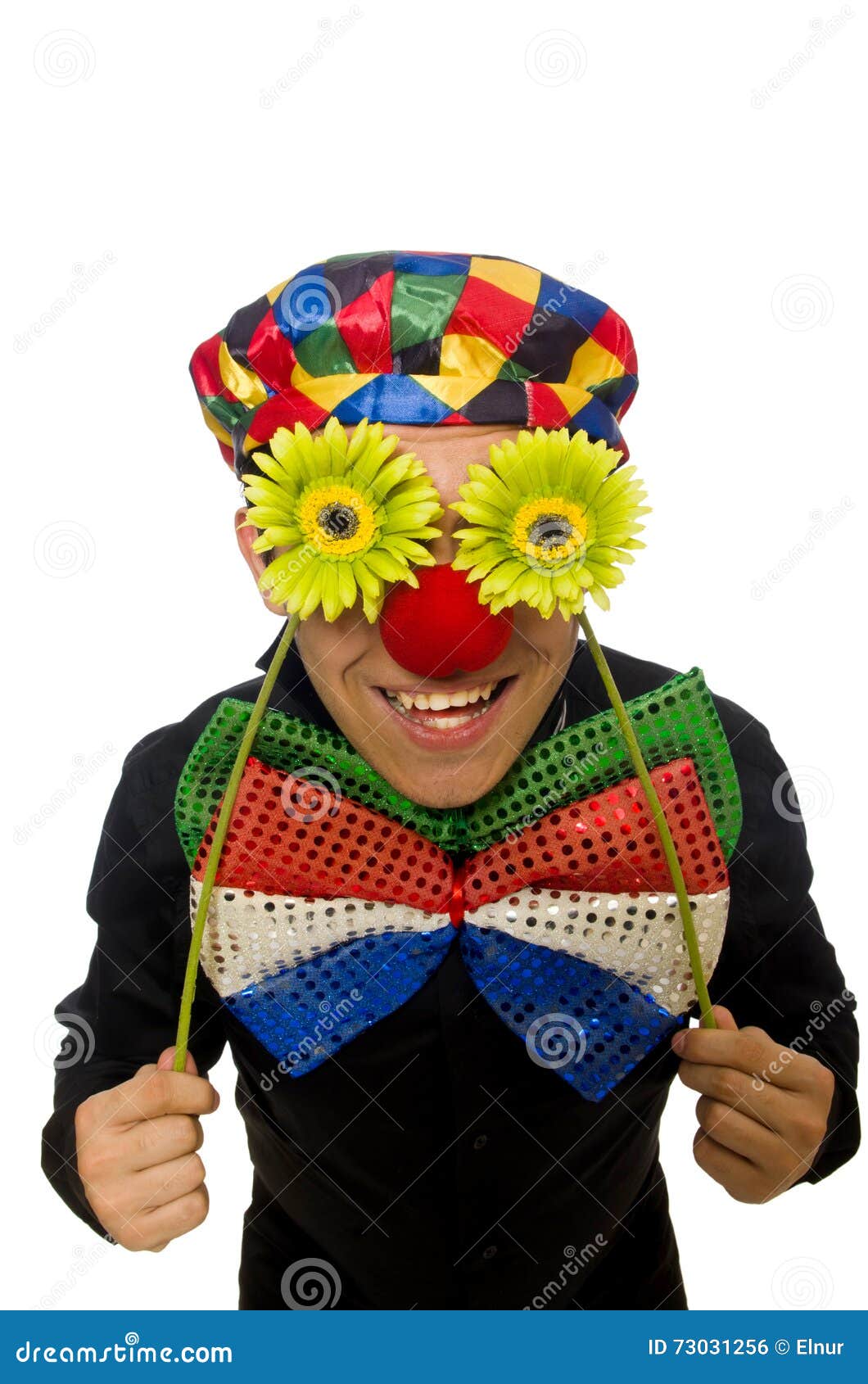 The Funny Clown with Flowers Isolated on White Stock Photo - Image of ...