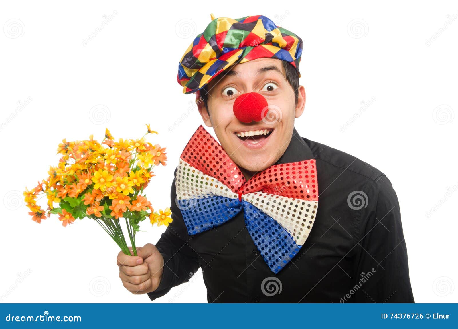 The Funny Clown with Flowers Isolated on White Stock Photo - Image of ...