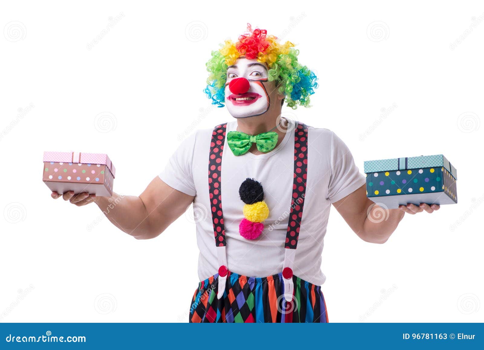 The Funny Clown with a Gift Present Box Isolated on White Background ...