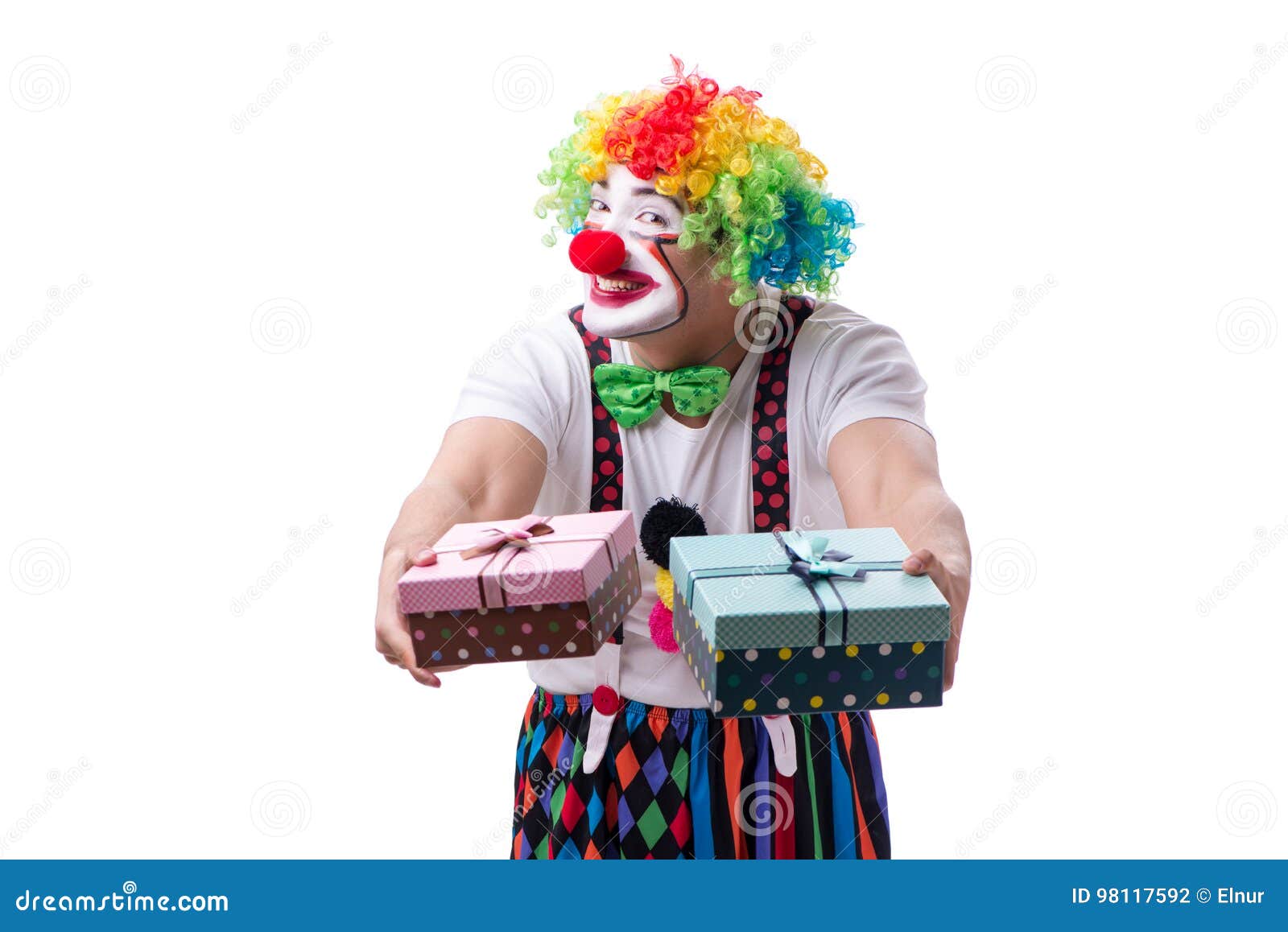The Funny Clown with a Gift Present Box Isolated on White Background ...