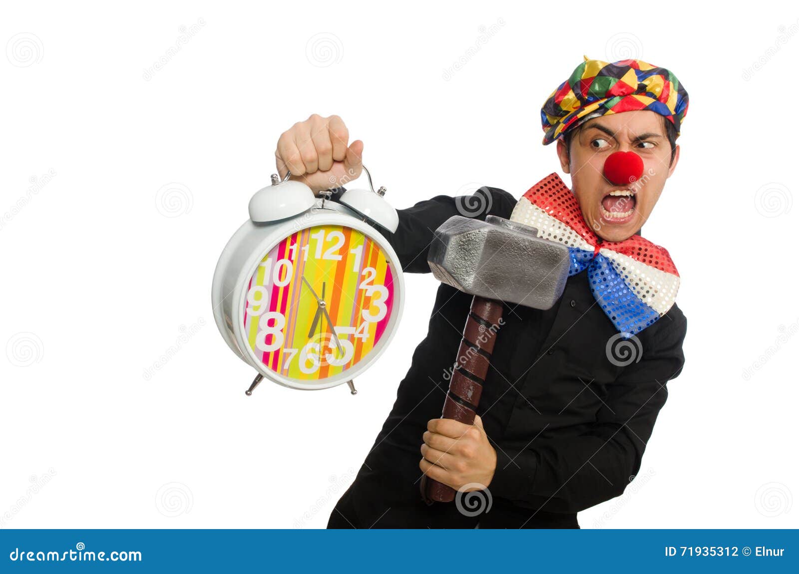 The Funny Clown with Hammer and Clock on White Stock Photo - Image of ...