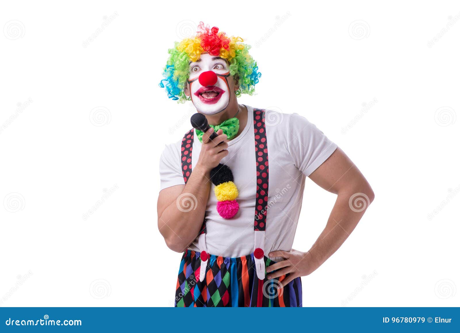 Funny Clown with a Microphone Singing Karaoke Isolated on White Stock ...