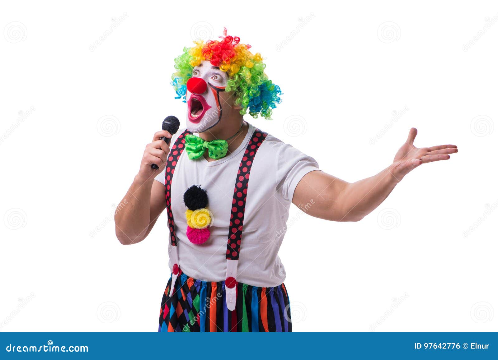 Funny Clown with a Microphone Singing Karaoke Isolated on White Stock ...