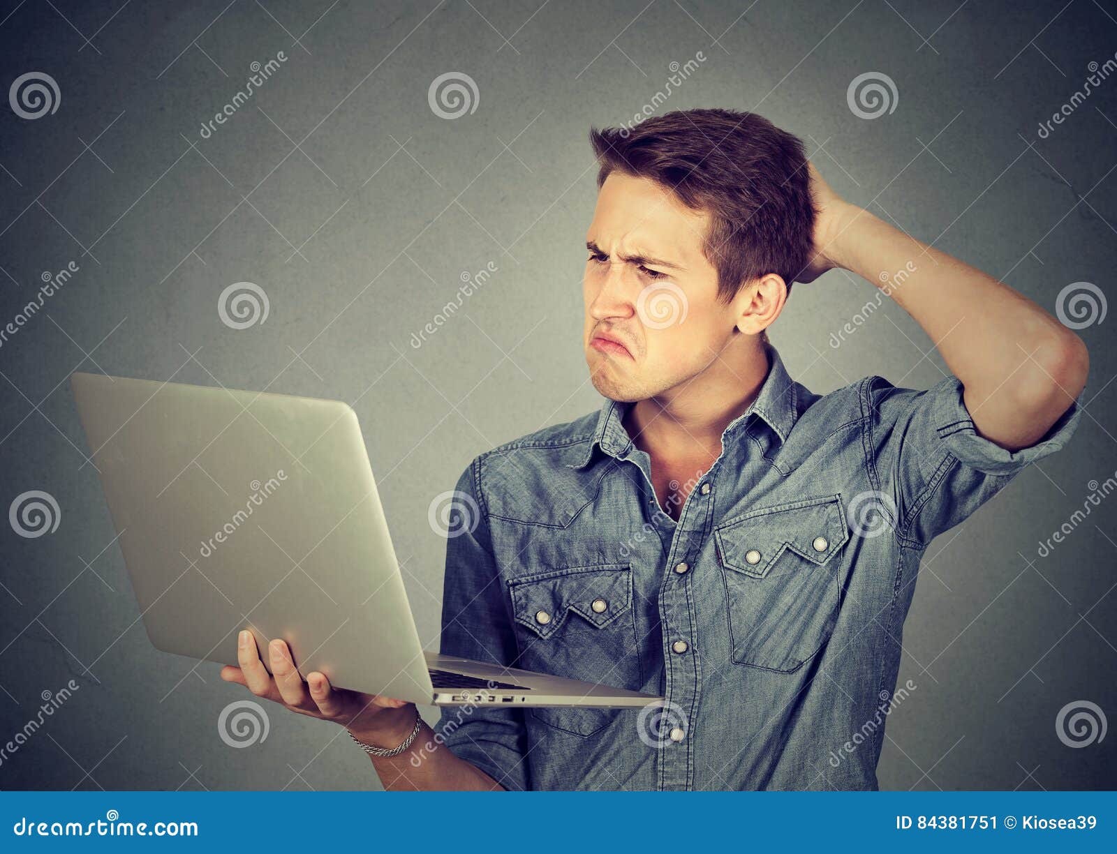 Funny Clueless Guy Having Troubles with Laptop. Complicated Technology ...