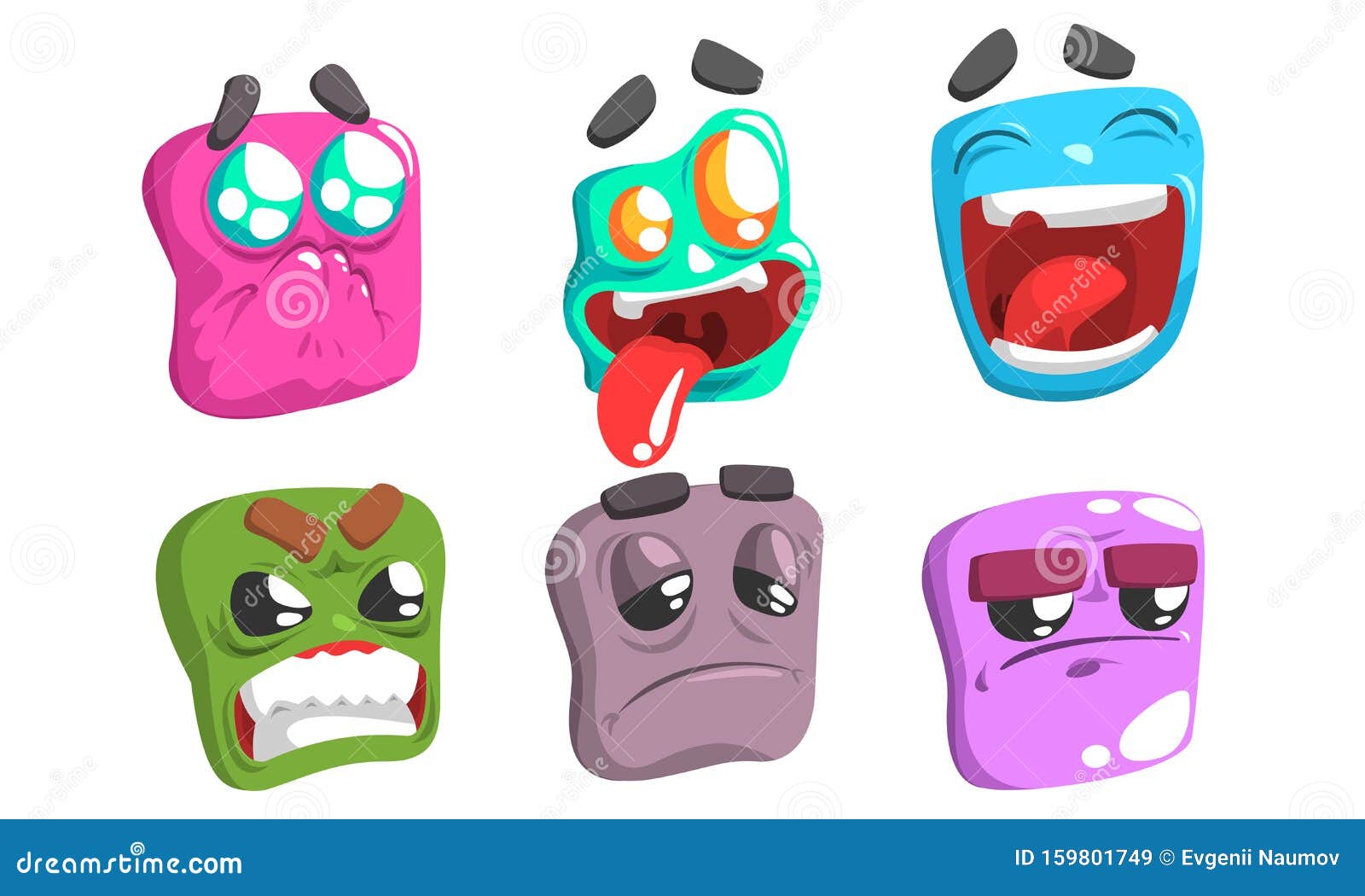 Funny Colorful Monsters Emojis Set Slime Cartoon Characters With Different Emotions Stock