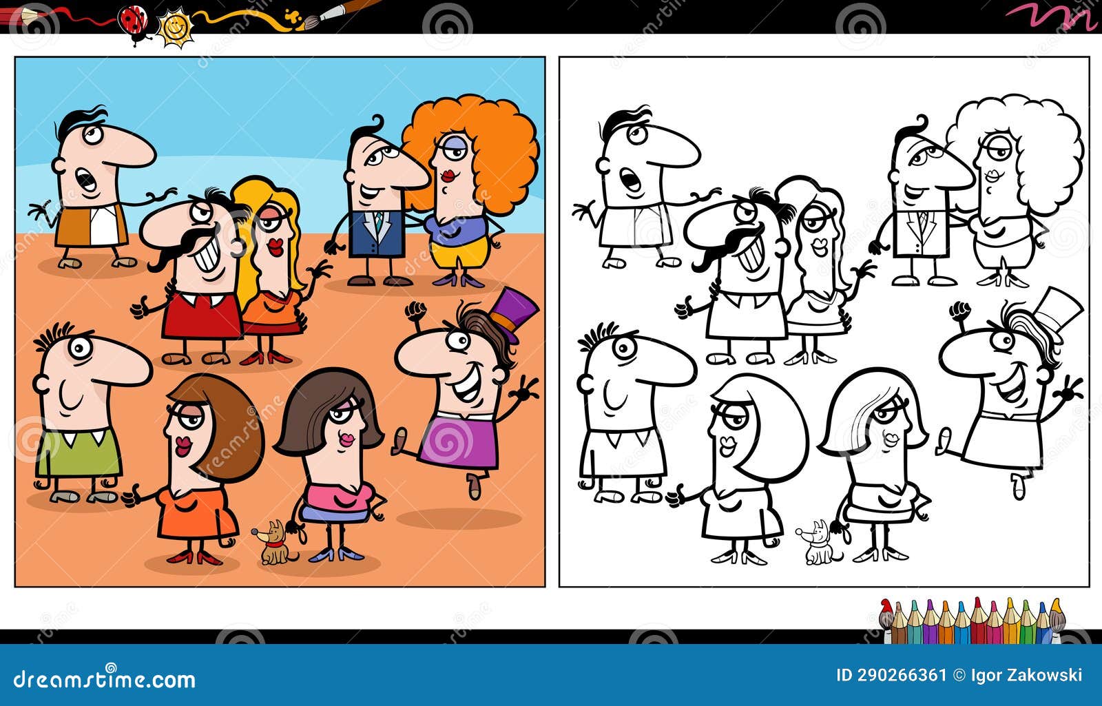 Funny Comic People Characters Group Coloring Page Stock Vector ...