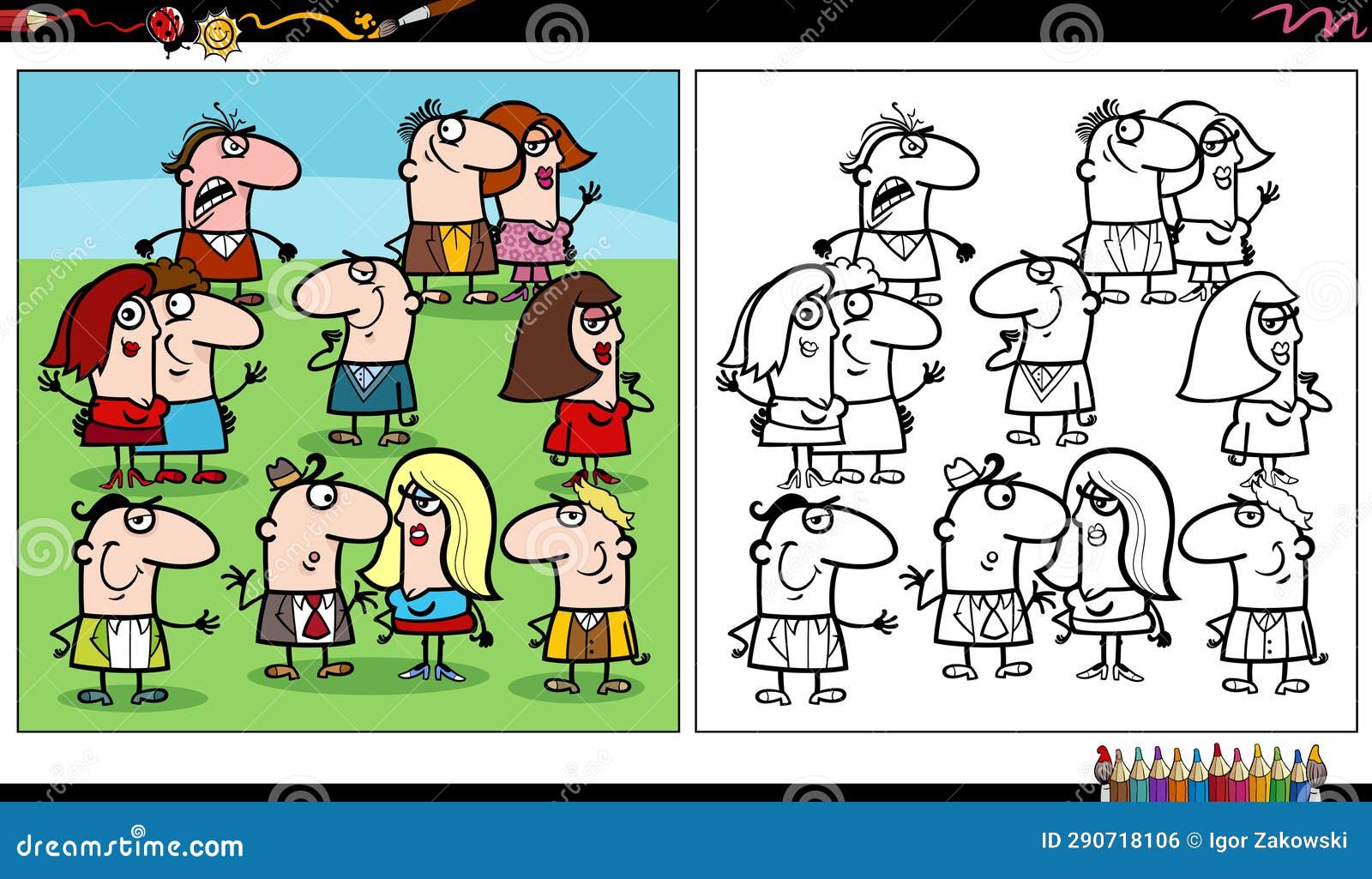 Funny Comic People Characters Group Coloring Page Stock Illustration ...