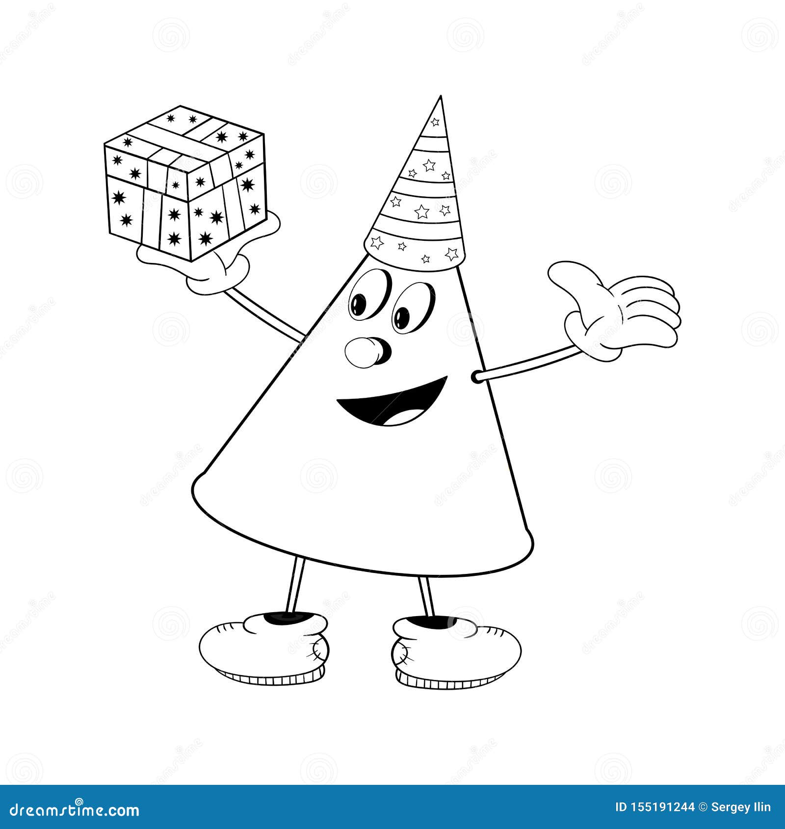 A Funny Cone in a Festive Cap Holds a Gift Box in His Hand and Smiles ...