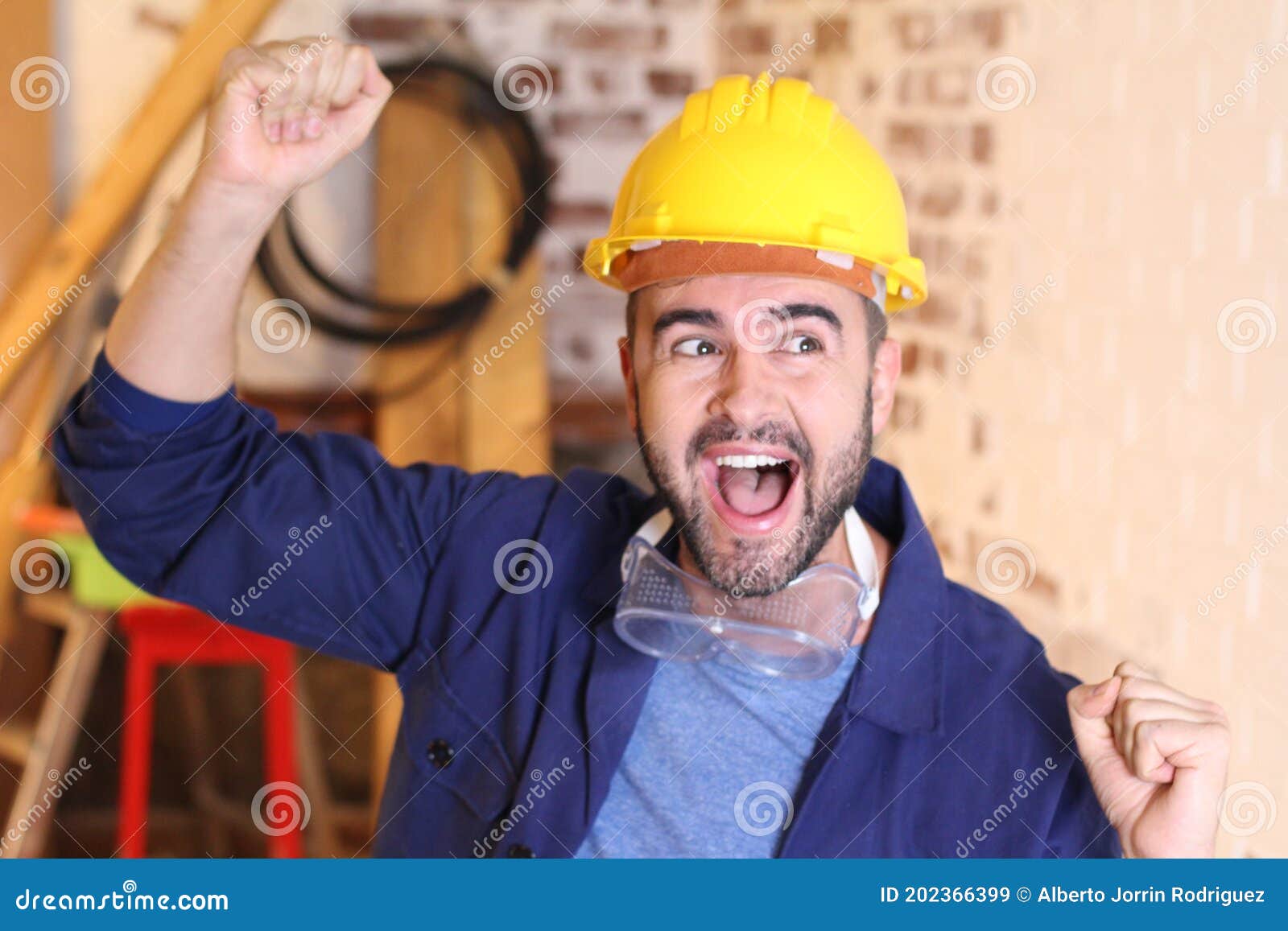 Funny Construction Man Pushing Stone Wall. Royalty-Free Stock Image ...