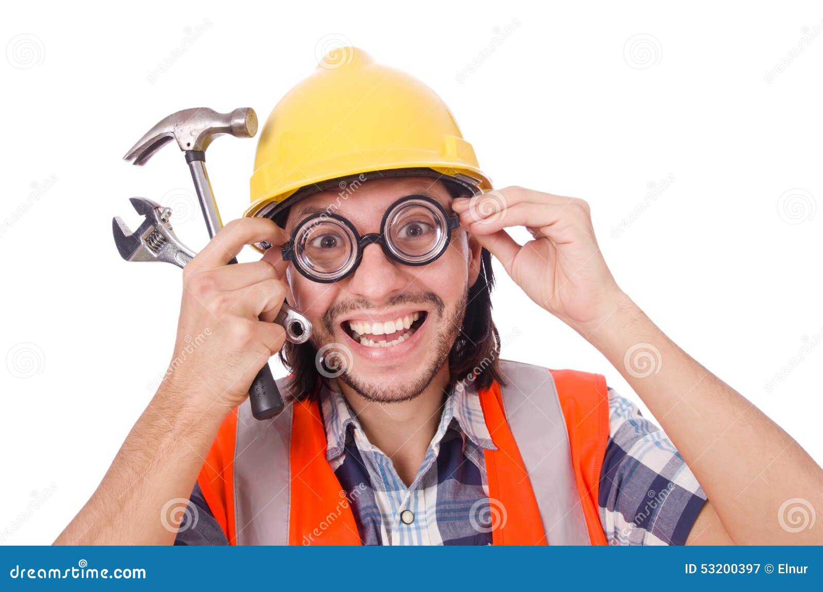 Funny Construction Worker with Hammer and Wrench Stock Image - Image of ...