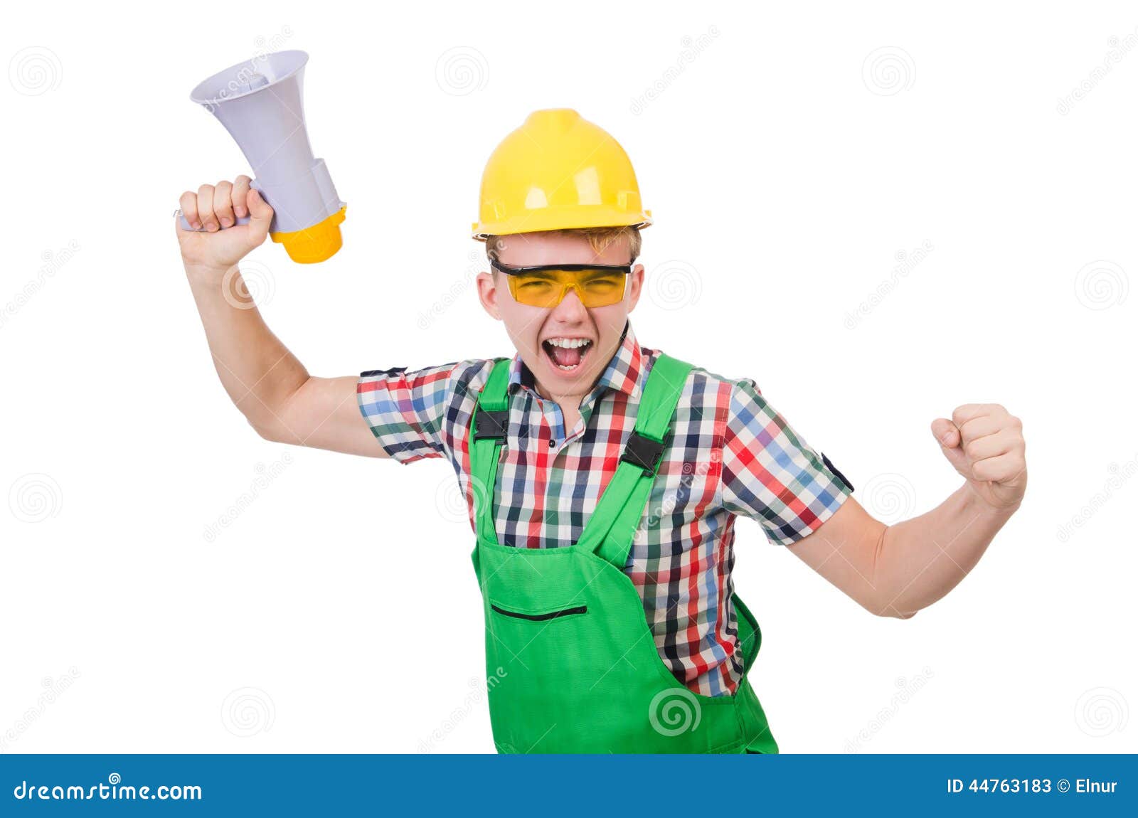 Funny Construction Worker with Loudspeaker Stock Image - Image of ...