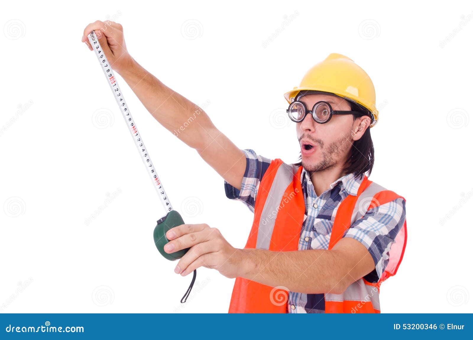 Funny Constructon Worker with Tape-line Isolated Stock Photo - Image of ...