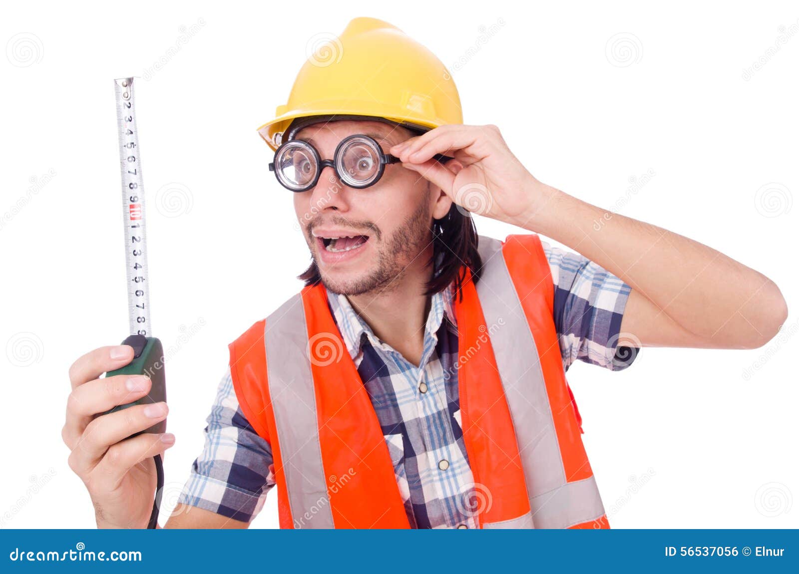 Funny Constructon Worker with Tape-line Isolated Stock Photo - Image of ...