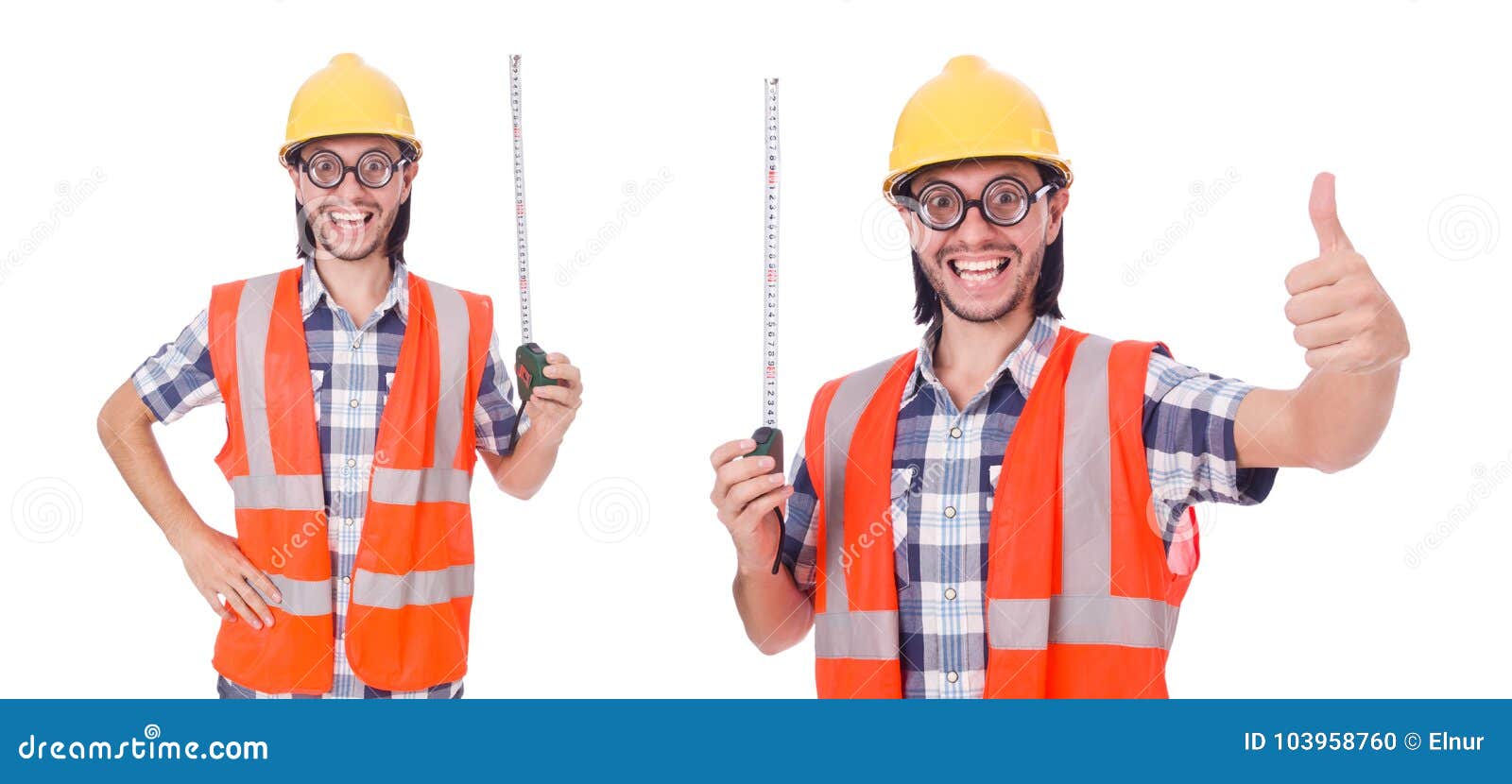 The Funny Constructon Worker with Tape-line Isolated on White Stock ...