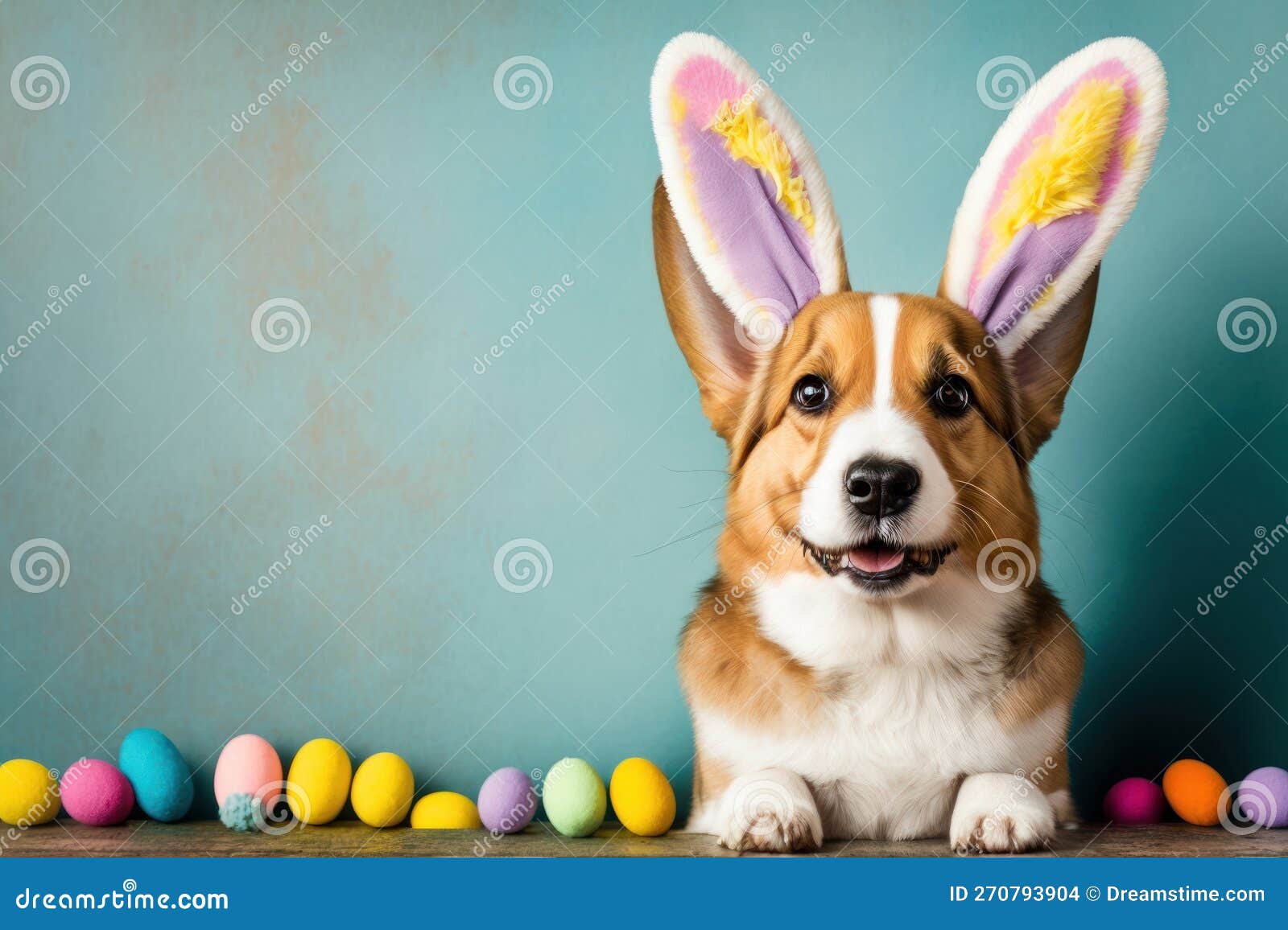 Funny Corgi Dog with Bunny Ears and Easter Eggs on Blue Background with ...