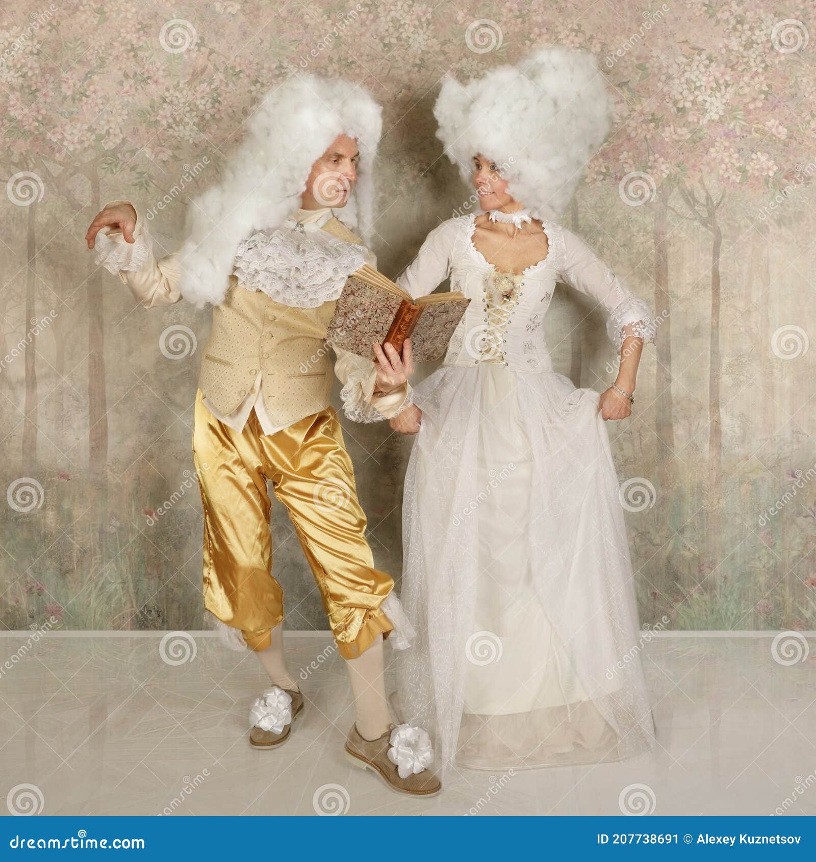 Baroque Style Couple Reading a Book in the Studio Stock Image - Image ...