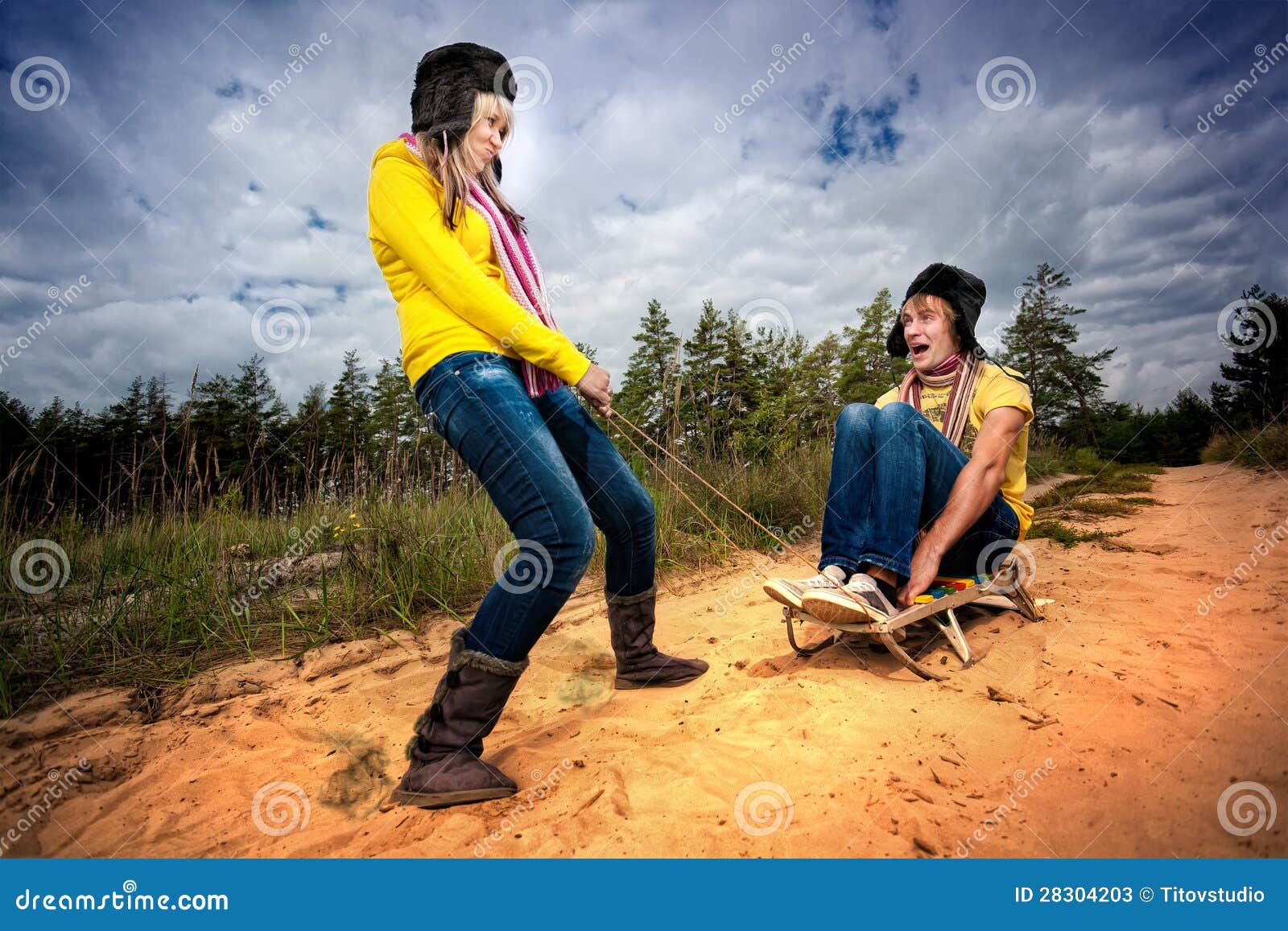 Funny Couple are Sledding at Summer Stock Image - Image of woman, funny ...