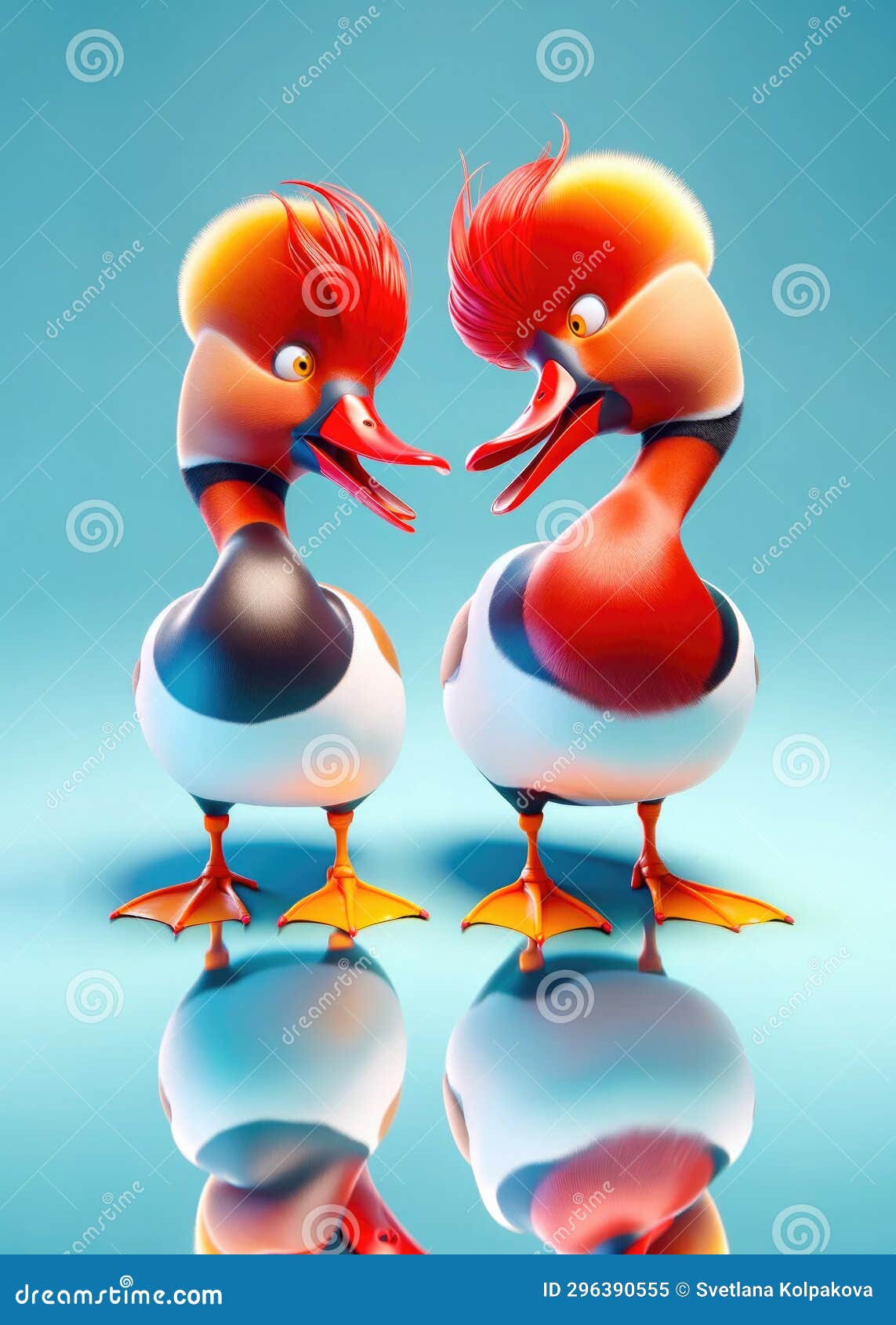 A Funny Couple of Tufted Red Ducklings Communicate with Each Other ...