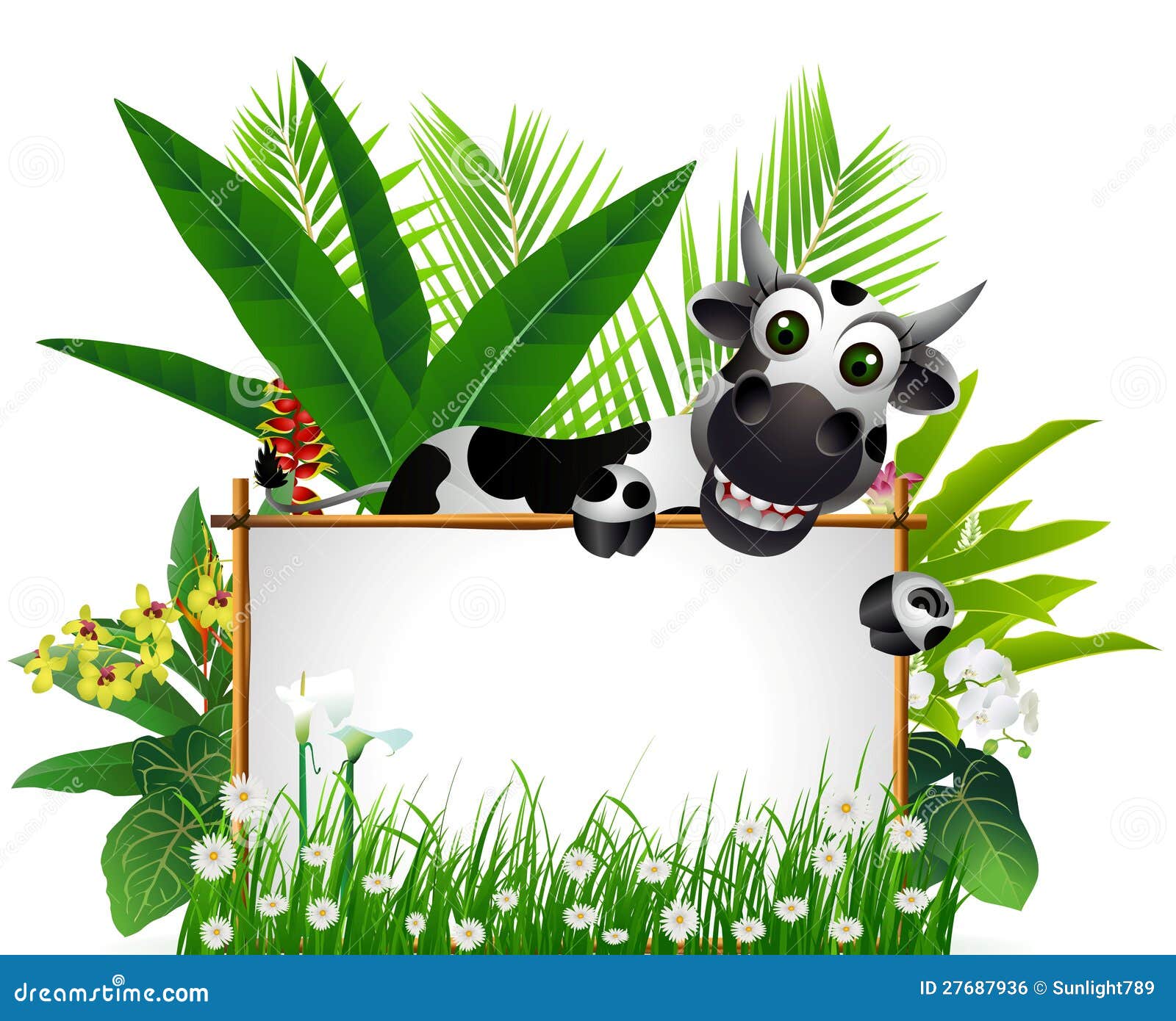 Funny Cow with Blank Sign and Tropical Fores Stock Illustration ...