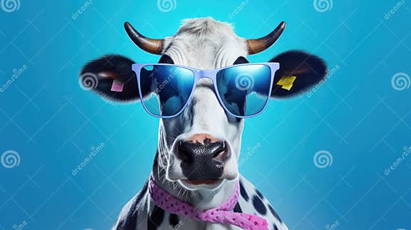 Funny Cow with Sunglasses in Front of Blue Studio Background Stock ...