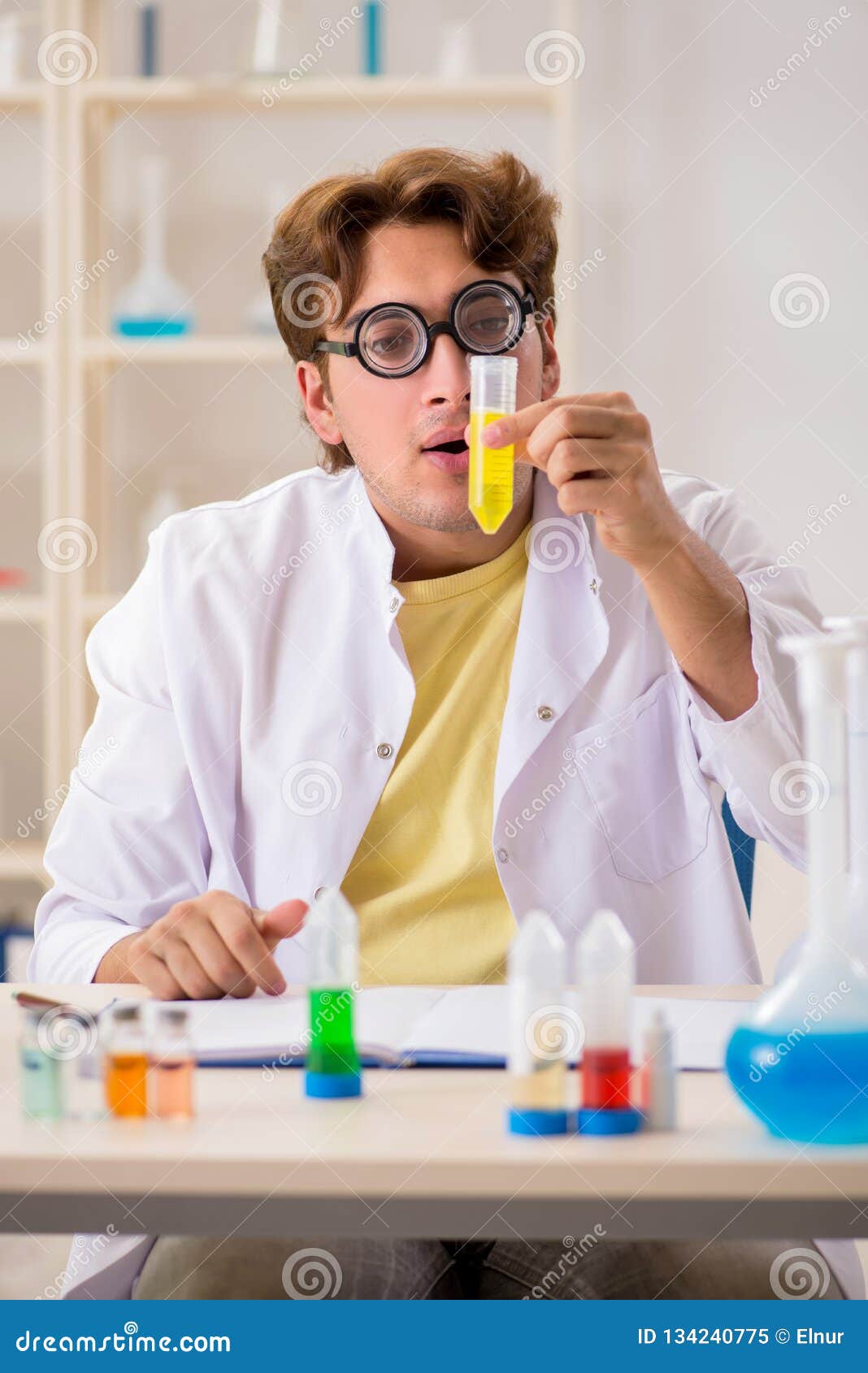 The Funny Crazy Chemist Doing Experiments and Tests Stock Image - Image ...