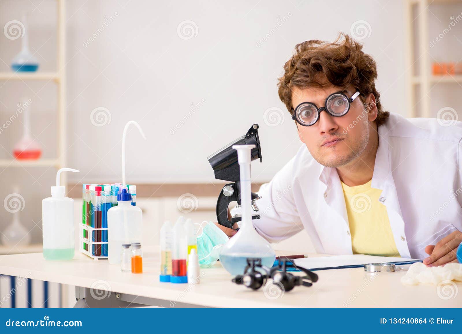 The Funny Crazy Chemist Doing Experiments and Tests Stock Photo - Image ...