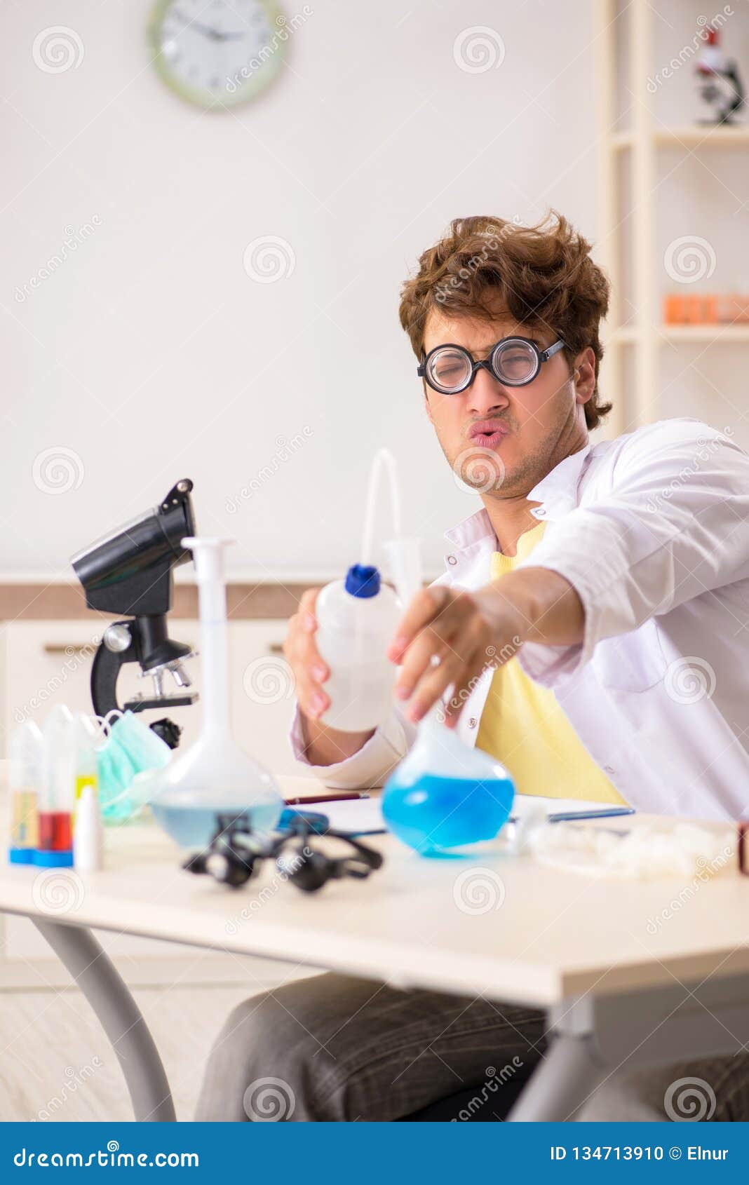 The Funny Crazy Chemist Doing Experiments and Tests Stock Photo - Image ...