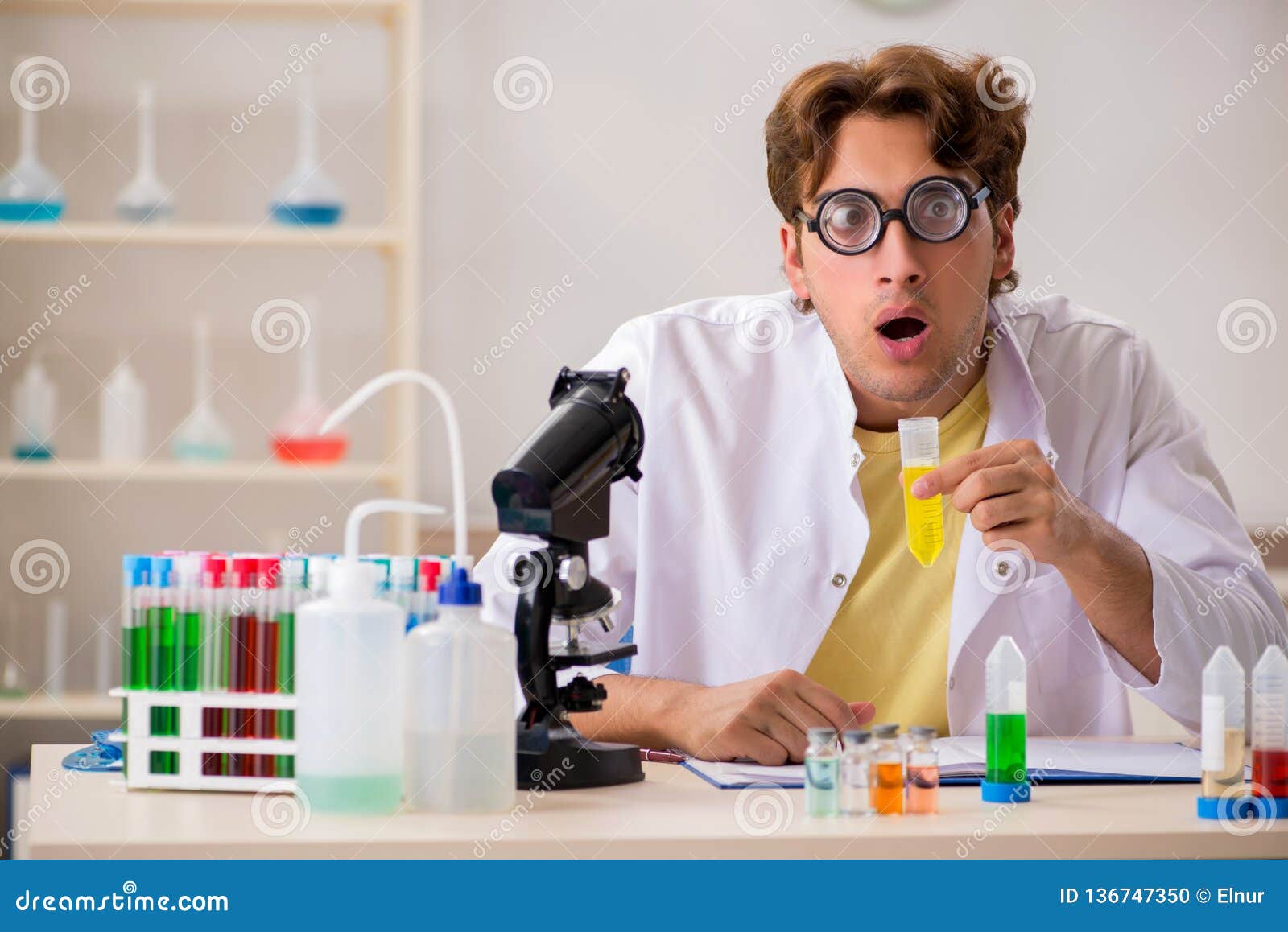 The Funny Crazy Chemist Doing Experiments and Tests Stock Photo - Image ...