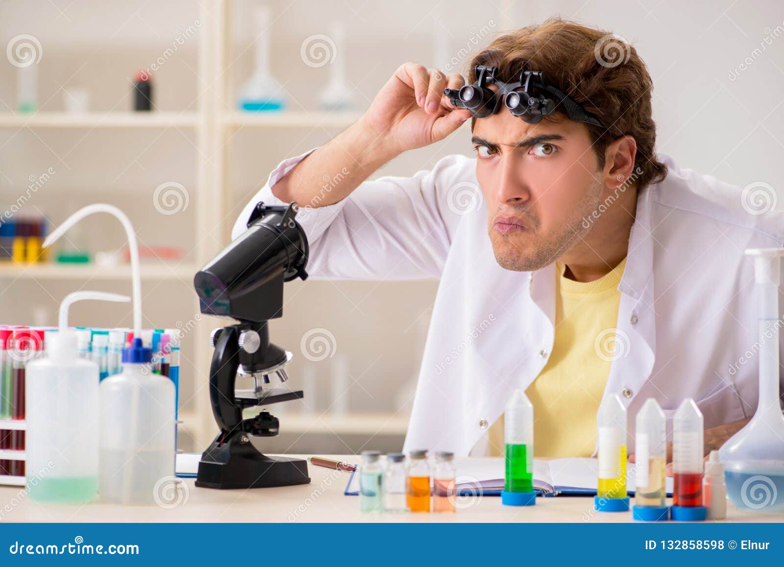 The Funny Crazy Chemist Doing Experiments and Tests Stock Photo - Image ...