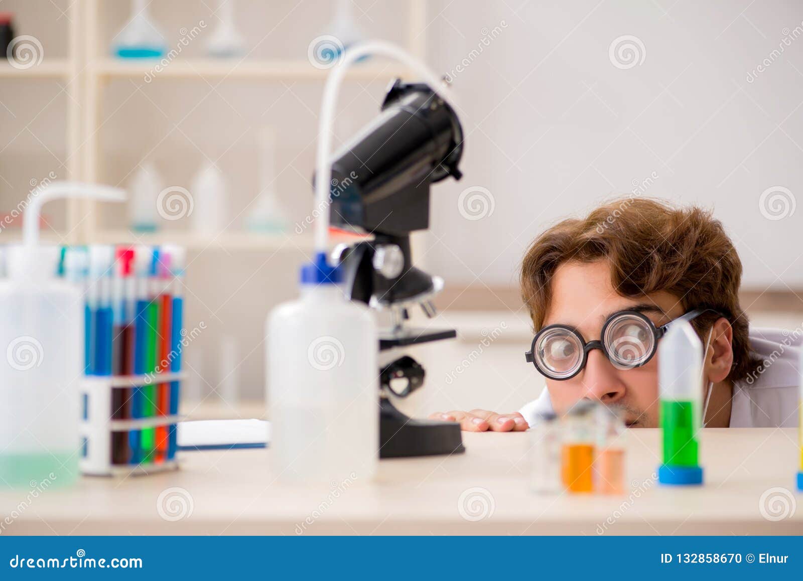 The Funny Crazy Chemist Doing Experiments and Tests Stock Photo - Image ...