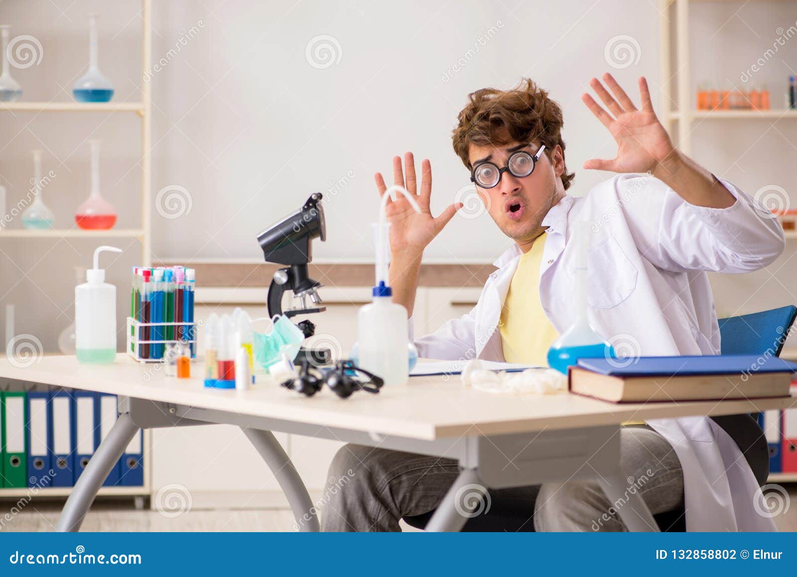 The Funny Crazy Chemist Doing Experiments and Tests Stock Photo - Image ...