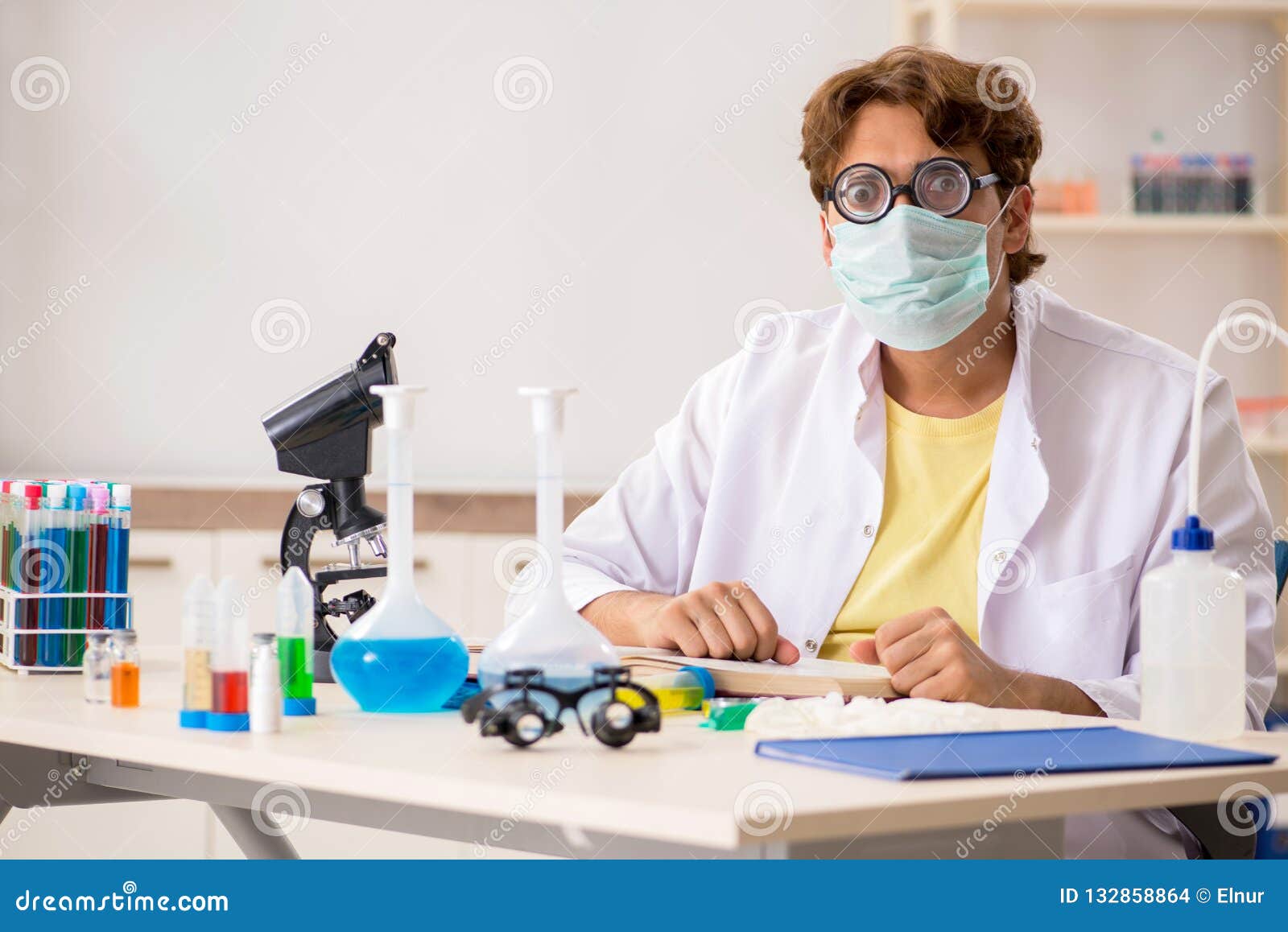 The Funny Crazy Chemist Doing Experiments and Tests Stock Photo - Image ...
