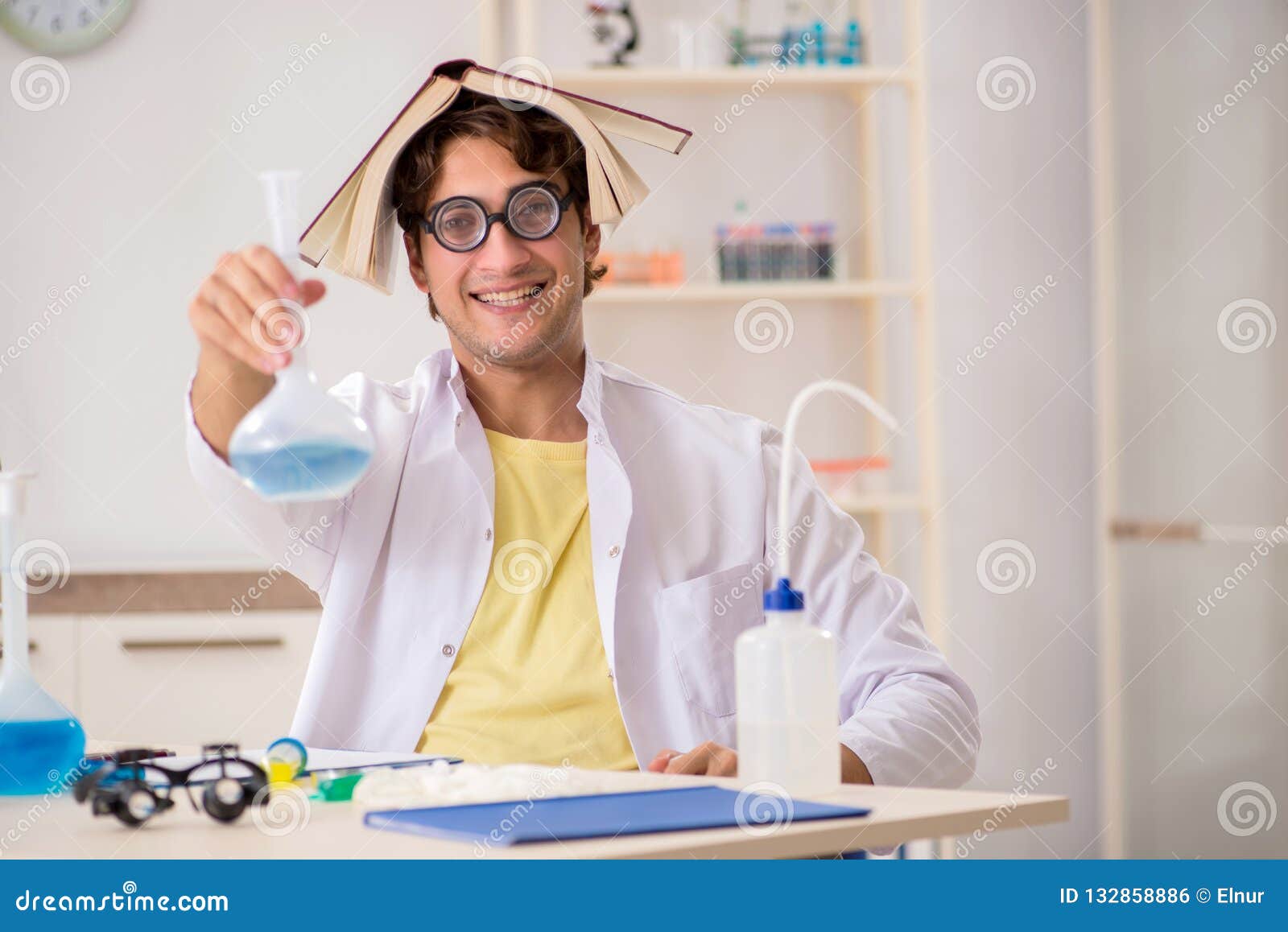 The Funny Crazy Chemist Doing Experiments and Tests Stock Photo - Image ...