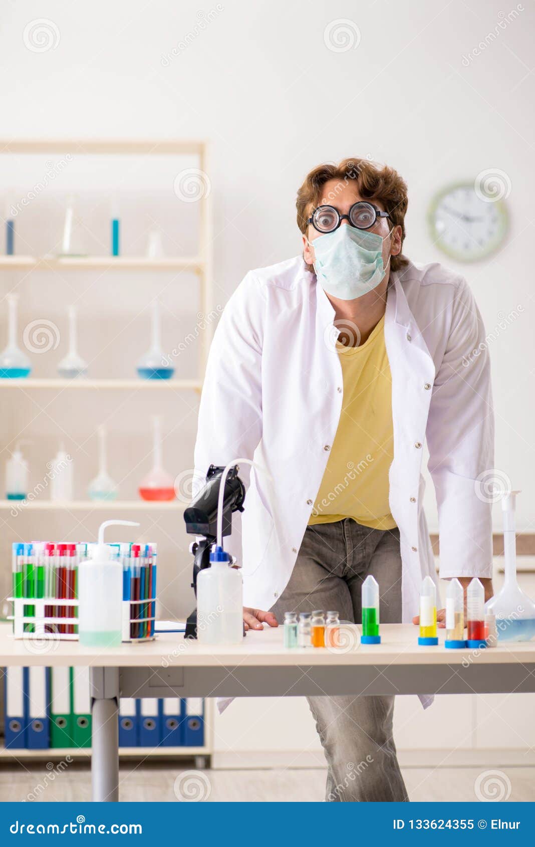 The Funny Crazy Chemist Doing Experiments and Tests Stock Image - Image ...