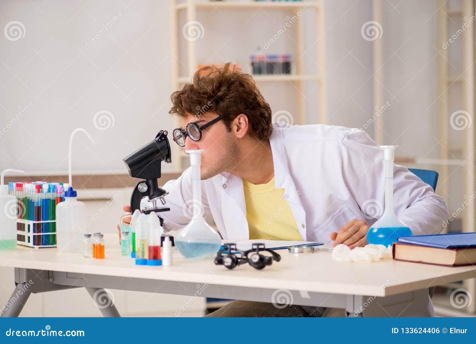 The Funny Crazy Chemist Doing Experiments and Tests Stock Photo - Image ...