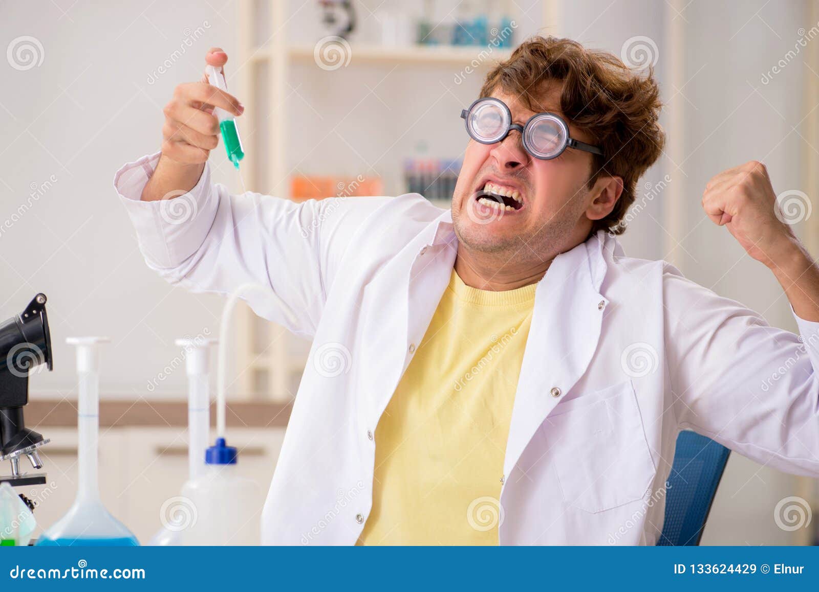 The Funny Crazy Chemist Doing Experiments and Tests Stock Image - Image ...