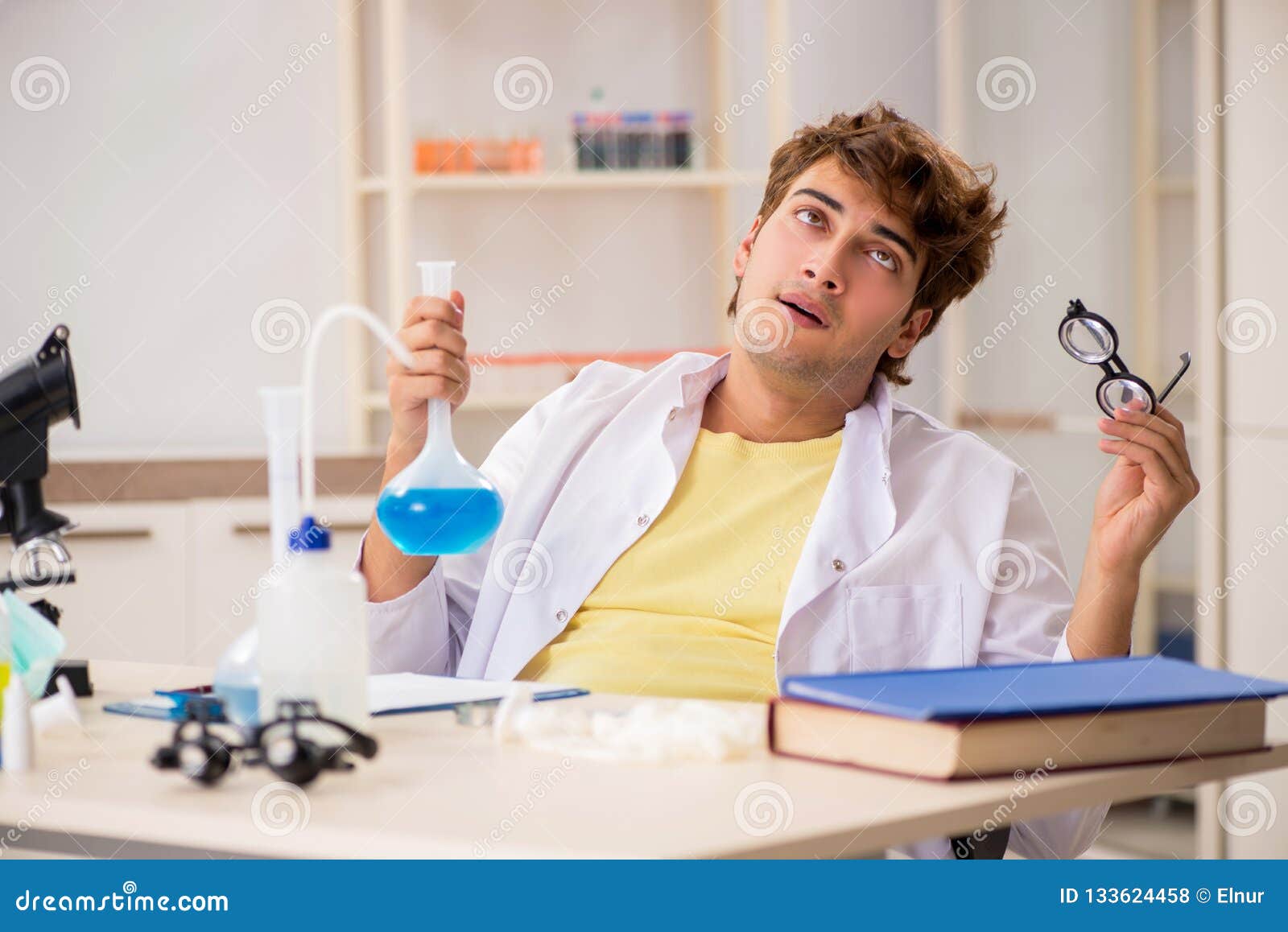 The Funny Crazy Chemist Doing Experiments and Tests Stock Photo - Image ...