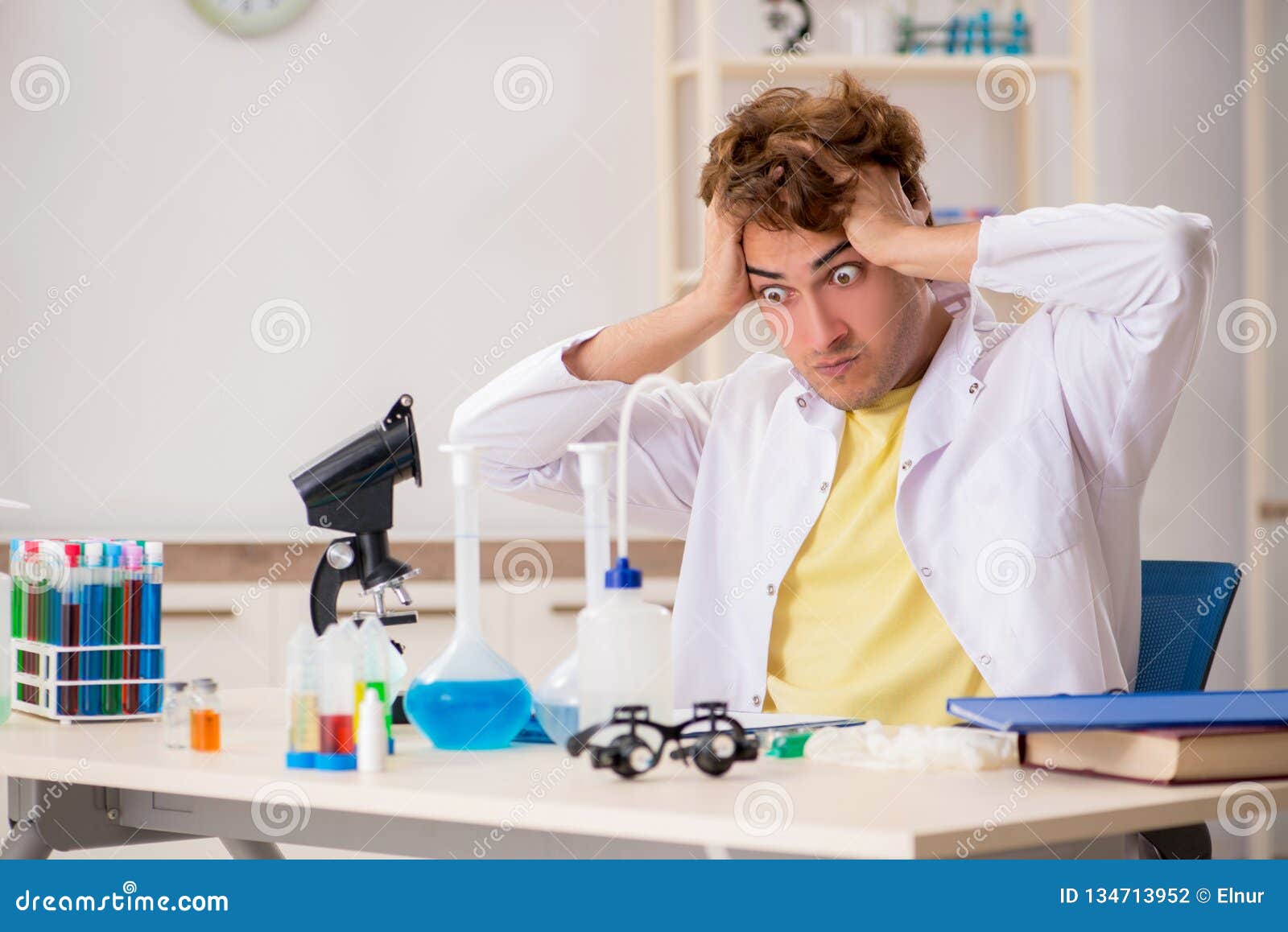 The Funny Crazy Chemist Doing Experiments and Tests Stock Photo - Image ...