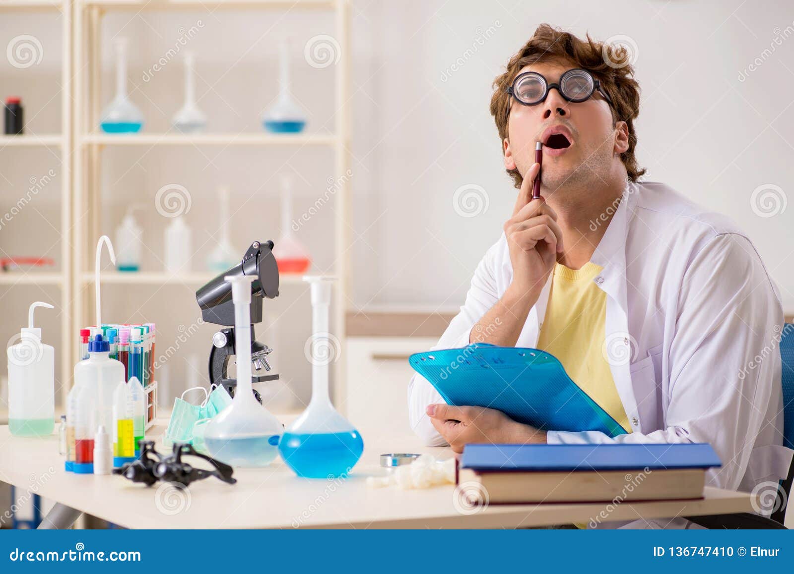 The Funny Crazy Chemist Doing Experiments and Tests Stock Photo - Image ...
