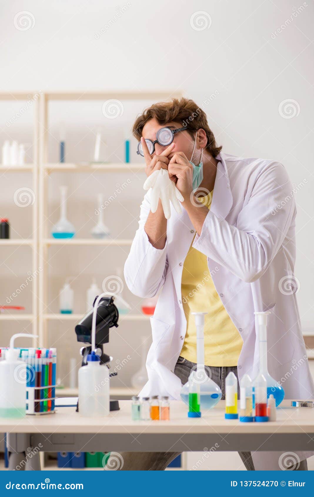 The Funny Crazy Chemist Doing Experiments and Tests Stock Photo - Image ...