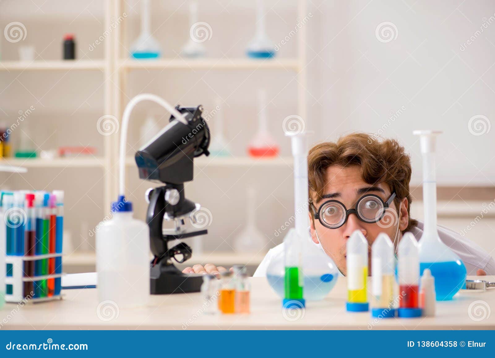 The Funny Crazy Chemist Doing Experiments and Tests Stock Photo - Image ...