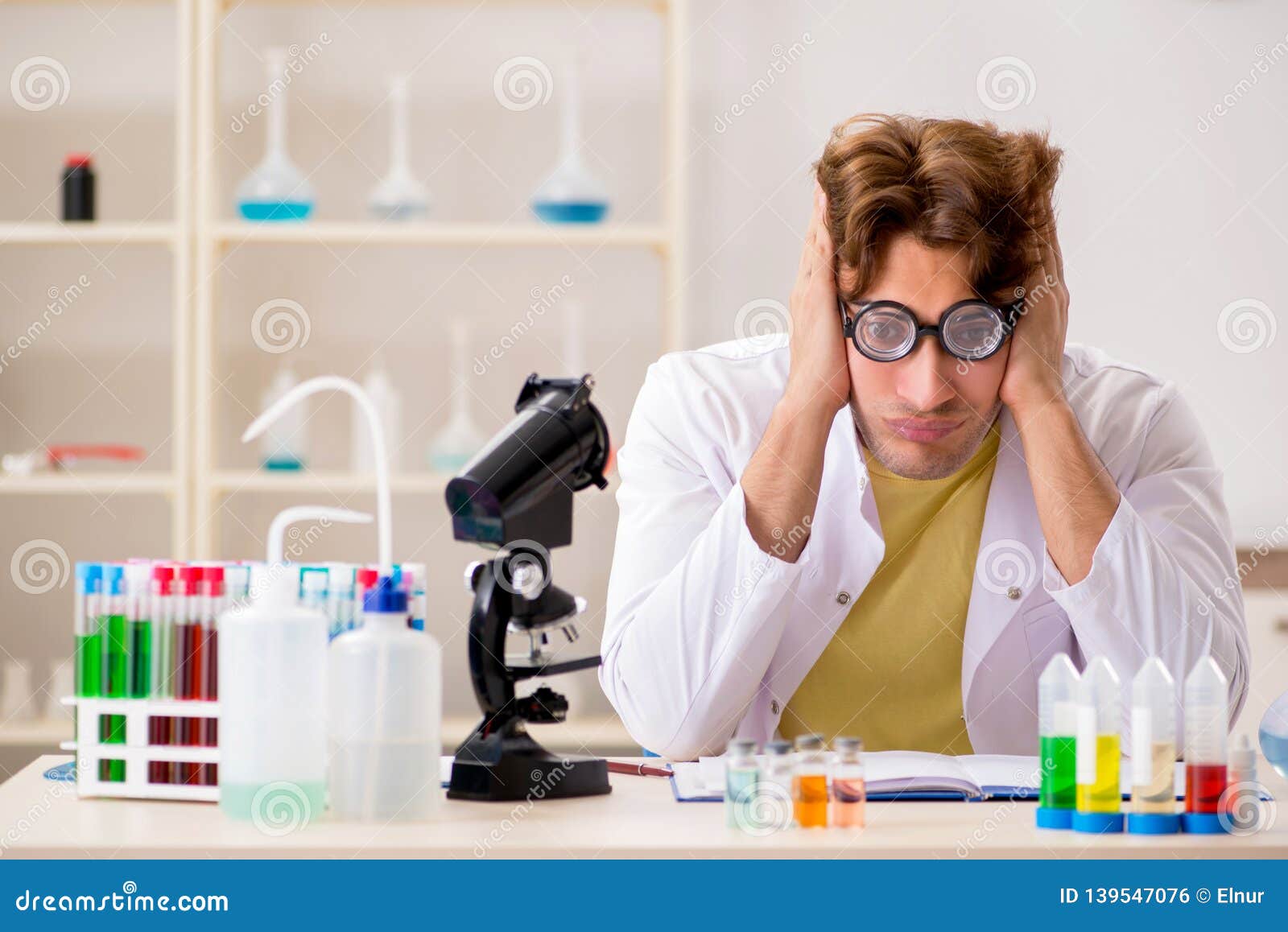 The Funny Crazy Chemist Doing Experiments and Tests Stock Photo - Image ...