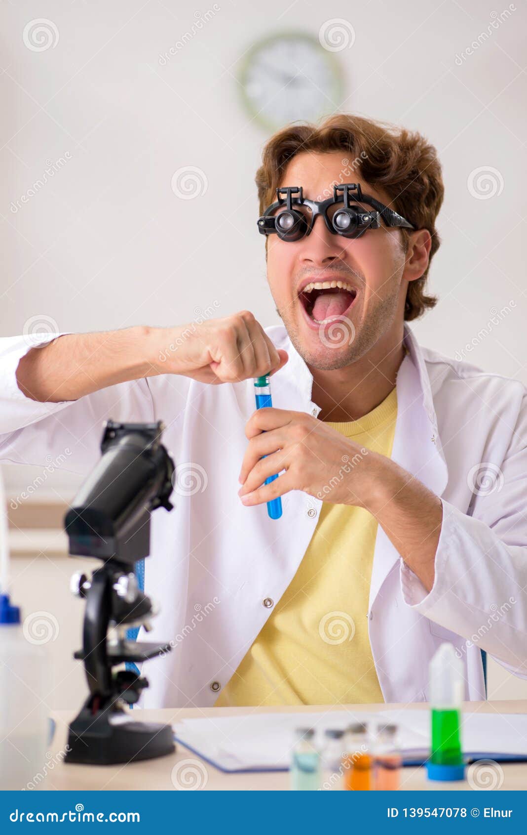 The Funny Crazy Chemist Doing Experiments and Tests Stock Photo - Image ...